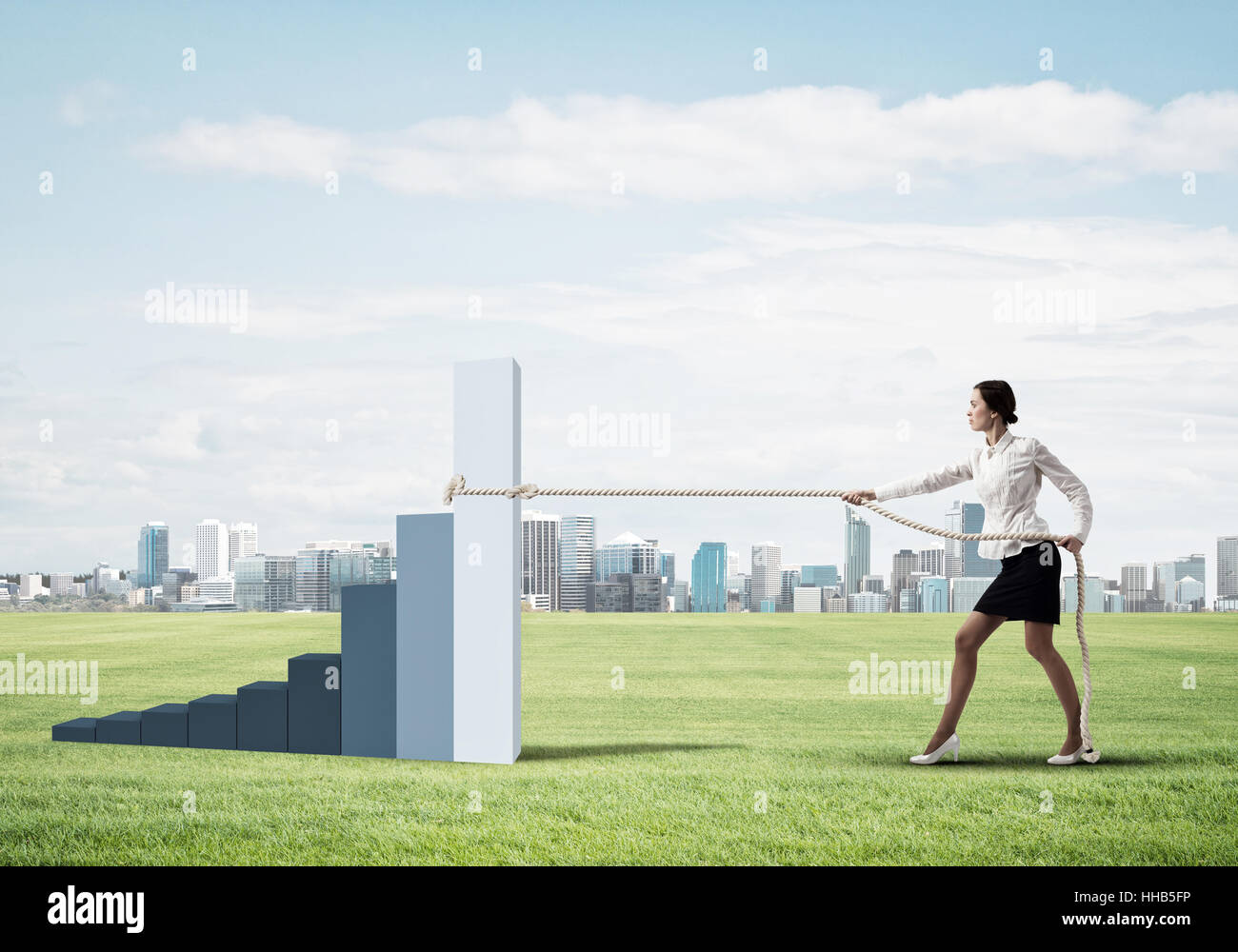 Businesswoman pulling arrow with rope and making it raise up Stock ...