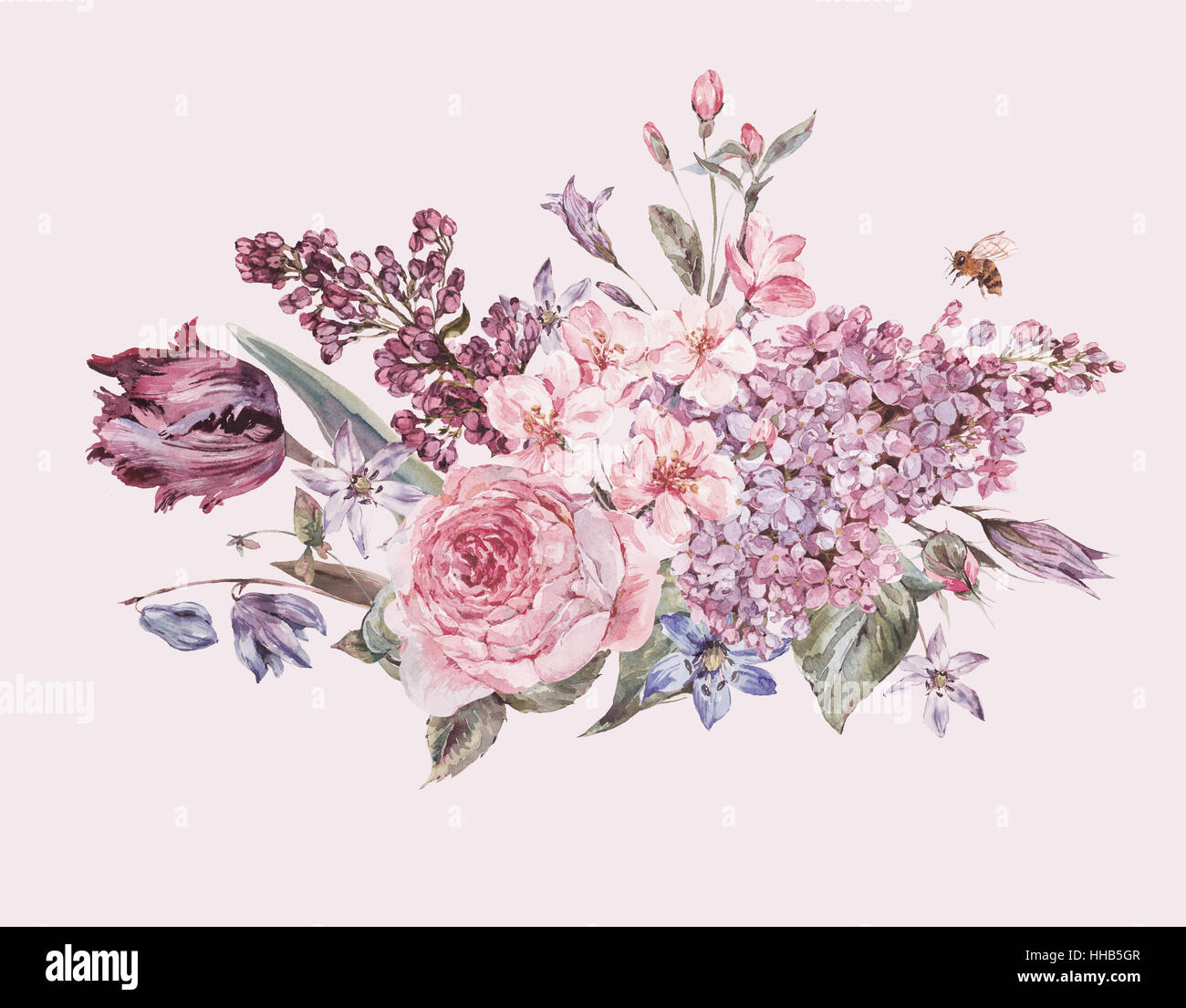 Watercolor spring bouquet with pink flowers lilacs, tulips, rose Stock ...