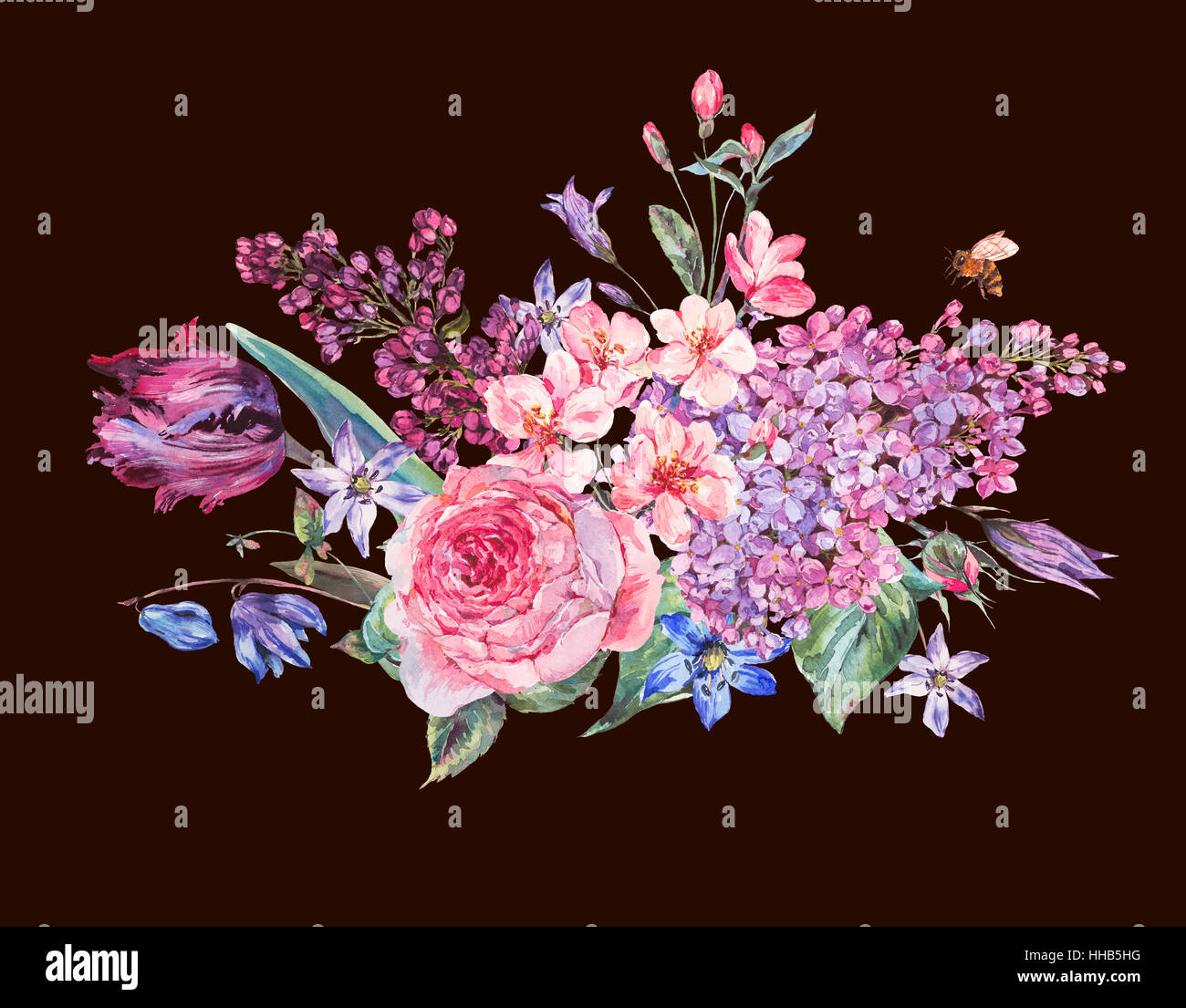Watercolor spring bouquet with pink flowers lilacs, tulips, rose Stock ...