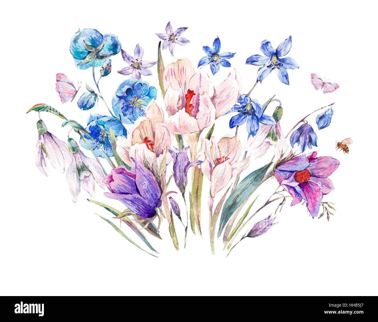 Watercolor spring bouquet with blue wildflowers and snowdrops Stock ...