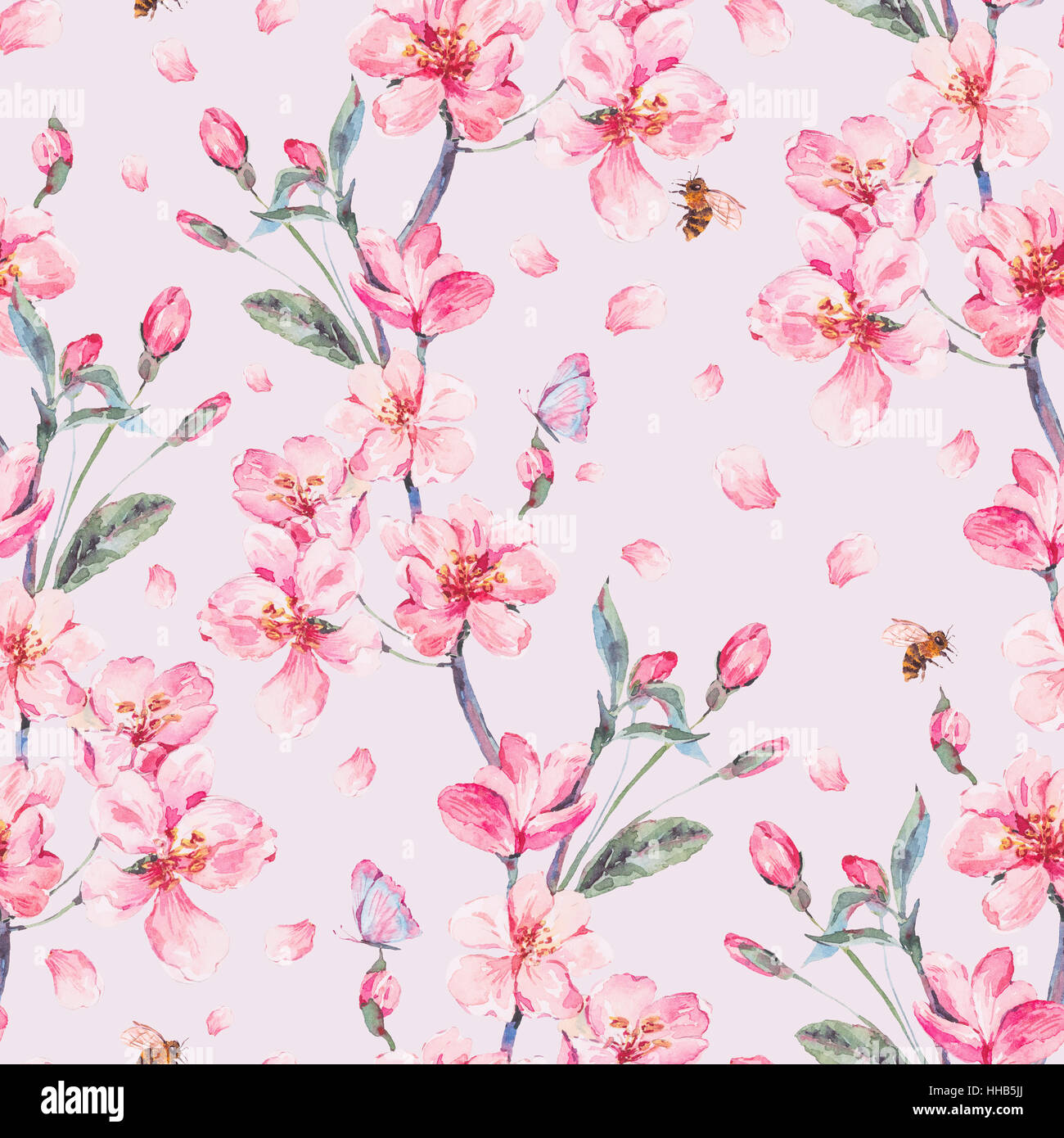 Watercolor spring seamless background with blooming branches Stock ...