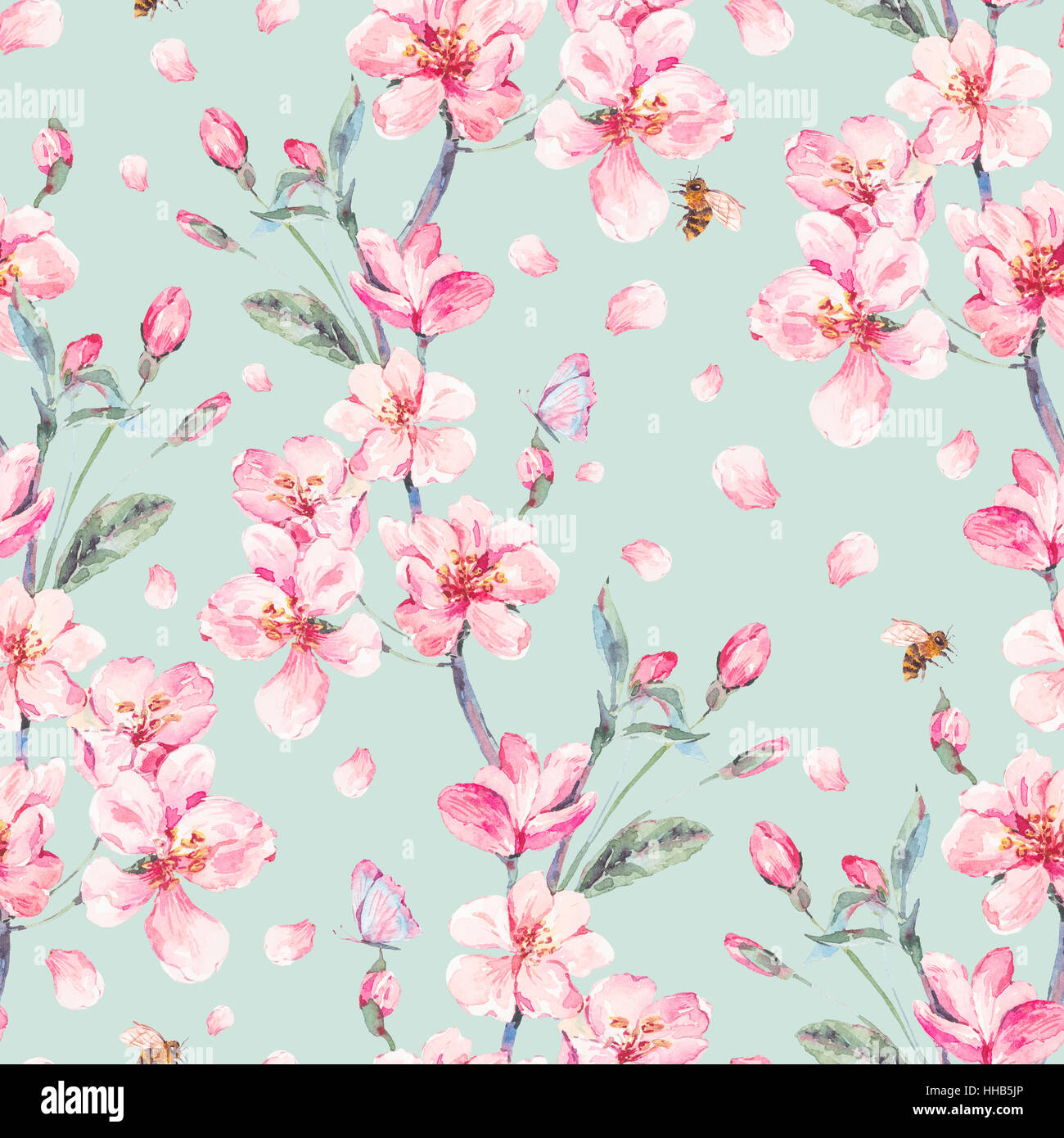 Watercolor spring seamless background with blooming branches Stock ...