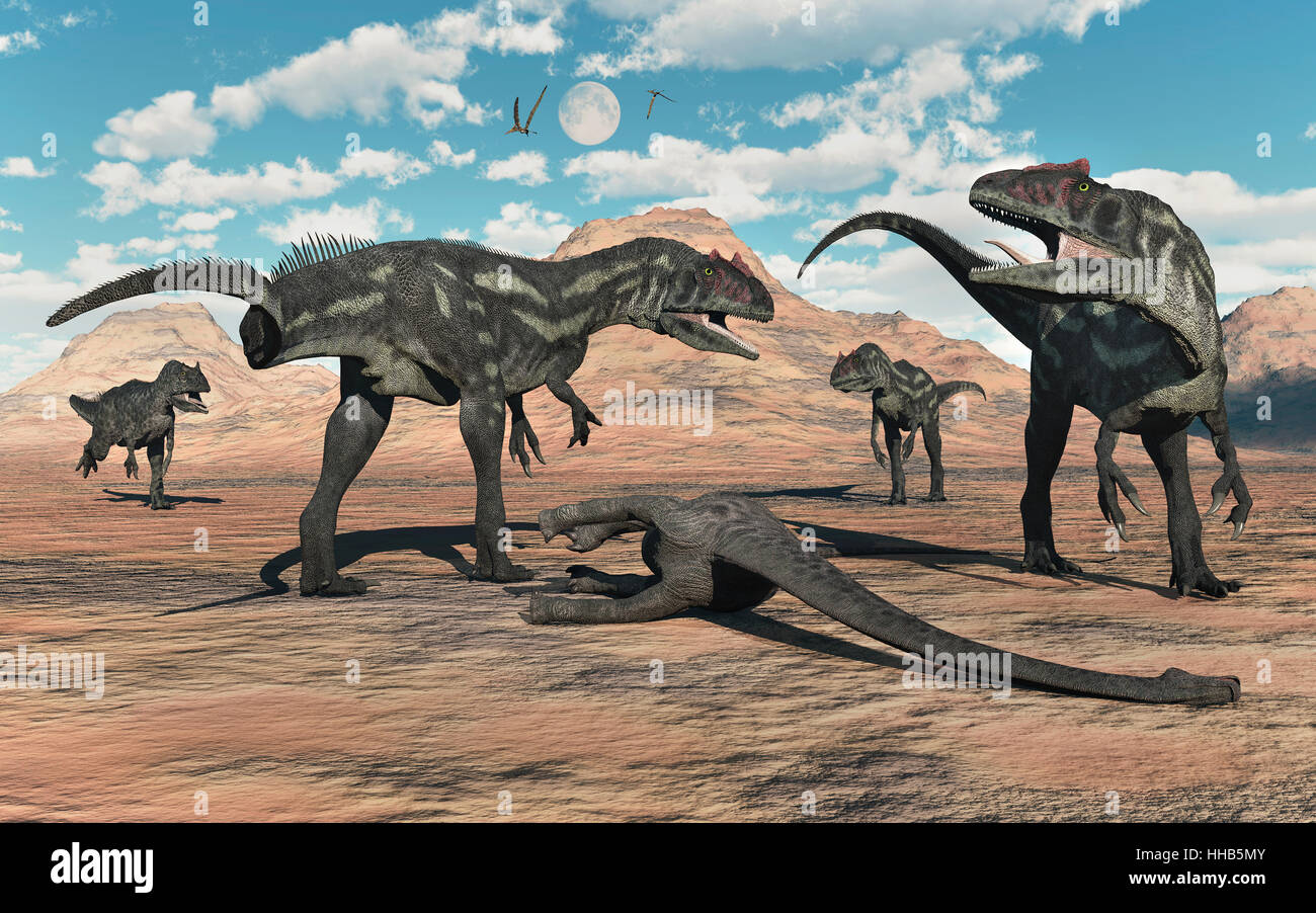 A Pack Of Allosaurus Dinosaurs , With The Body Of A Dead Juvenile ...