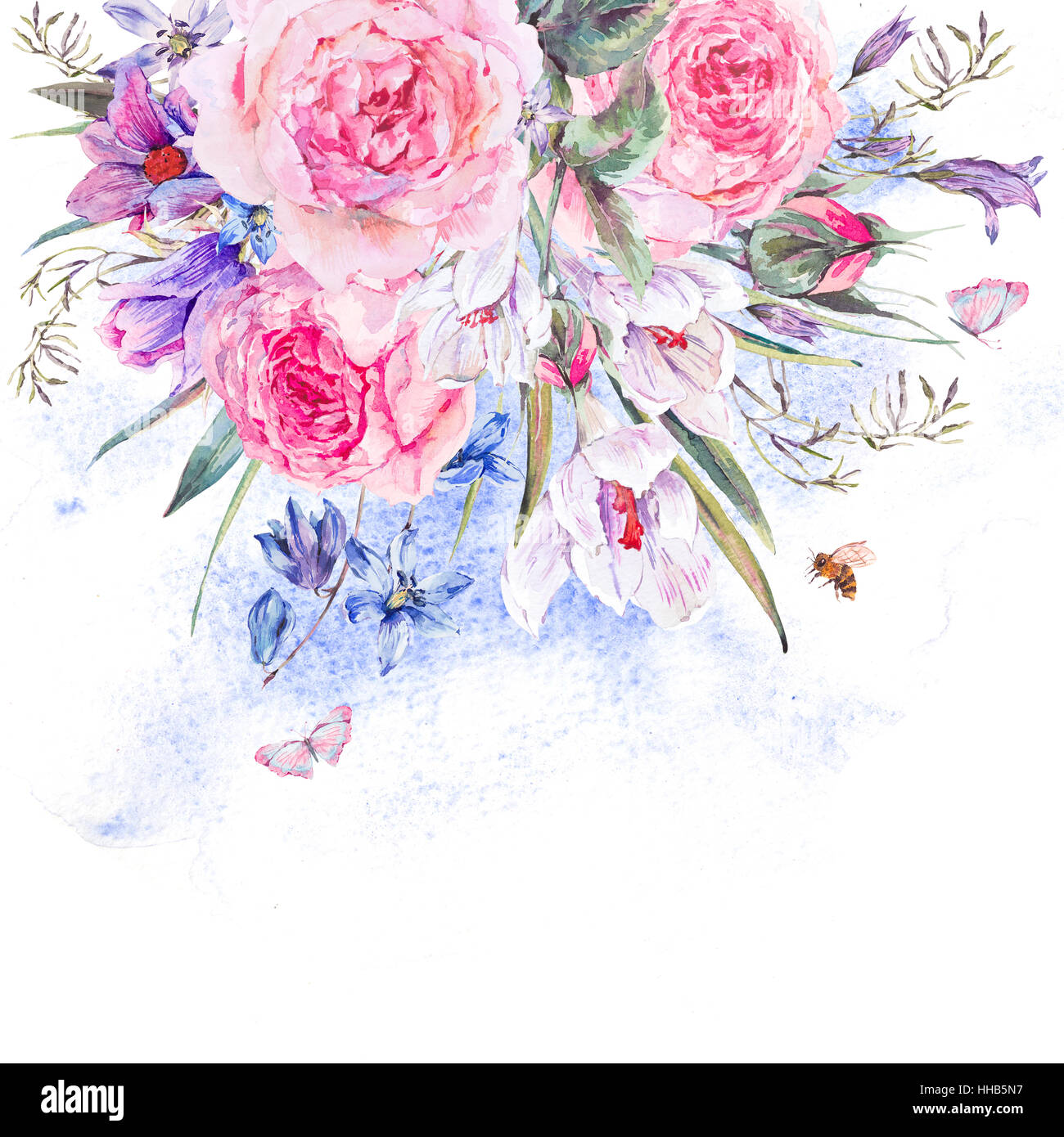 Watercolor spring bouquet with blue wildflowers and snowdrops Stock ...