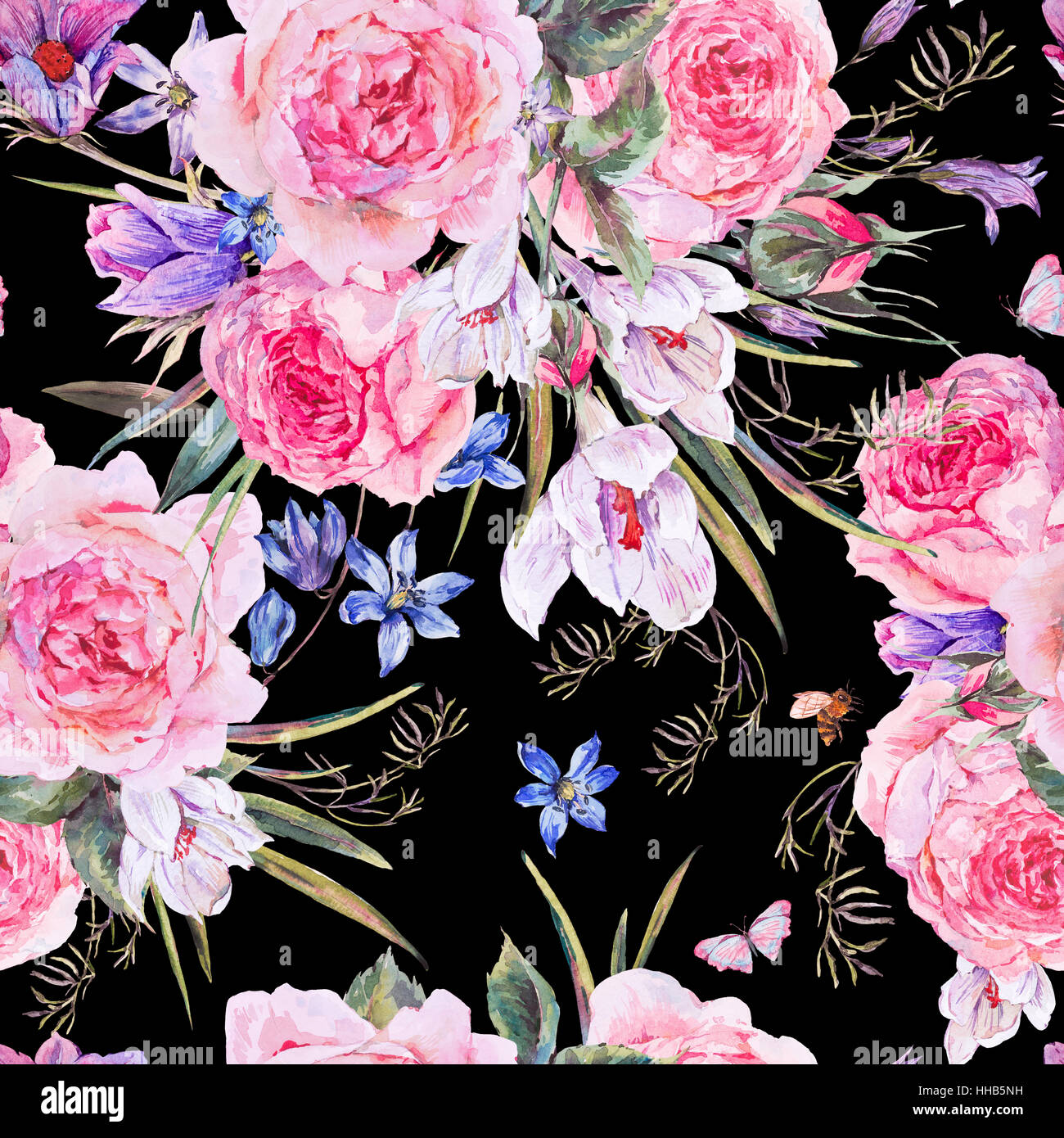 Watercolor spring seamless background with roses Stock Photo - Alamy