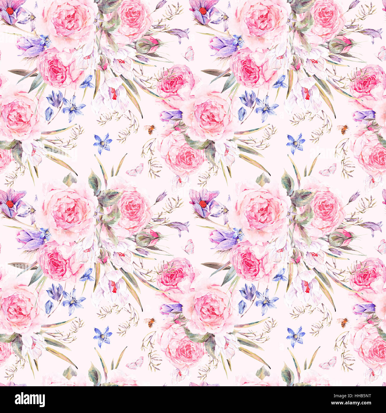 Watercolor spring seamless background with roses Stock Photo - Alamy