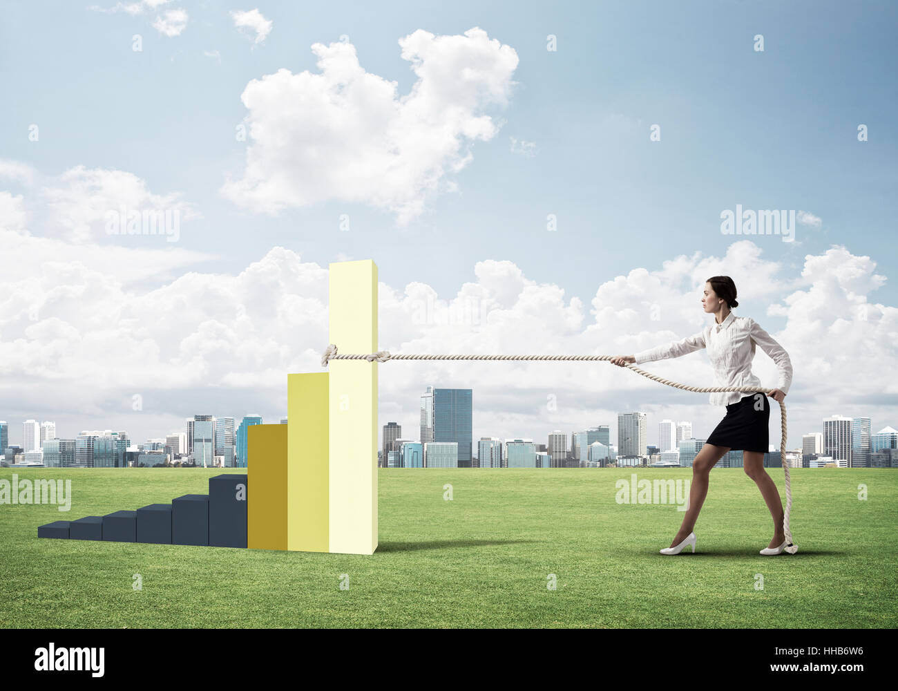 Businesswoman pulling arrow with rope and making it raise up Stock ...