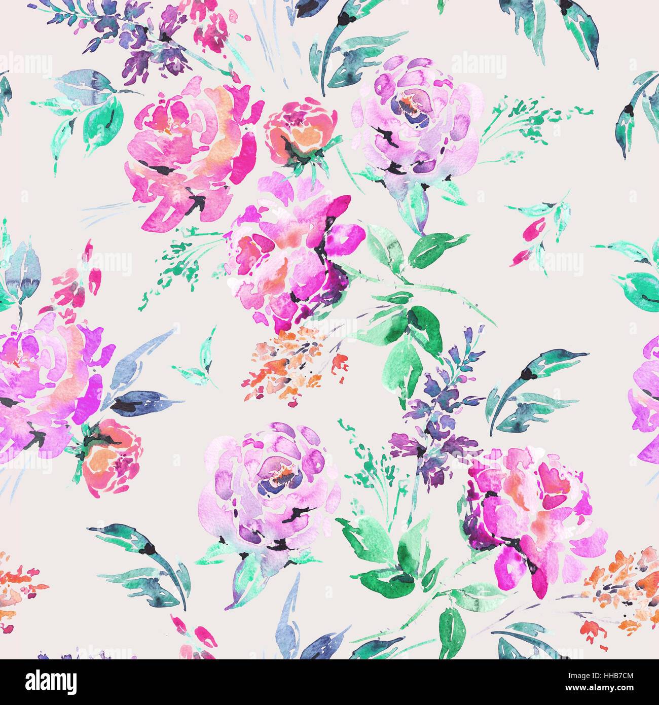 Watercolor floral seamless pattern with pink roses Stock Photo - Alamy