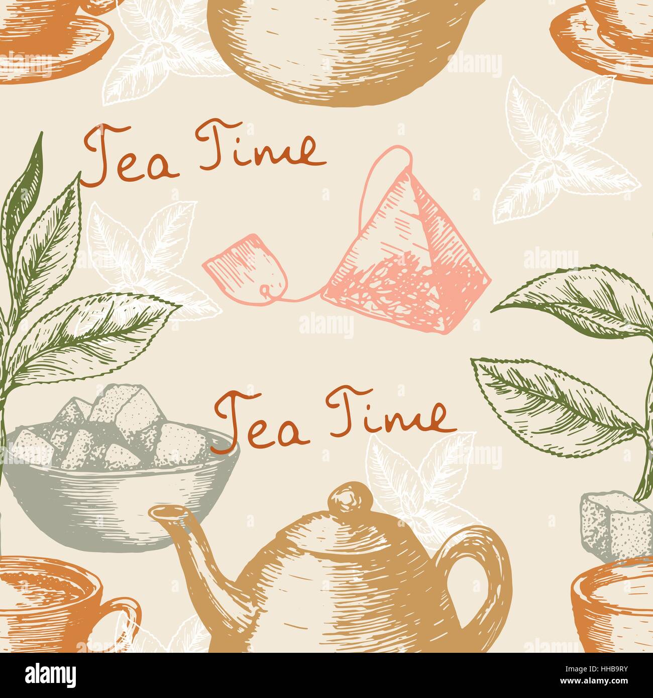 Seamless pattern based on engraving illustration of tea collection ...