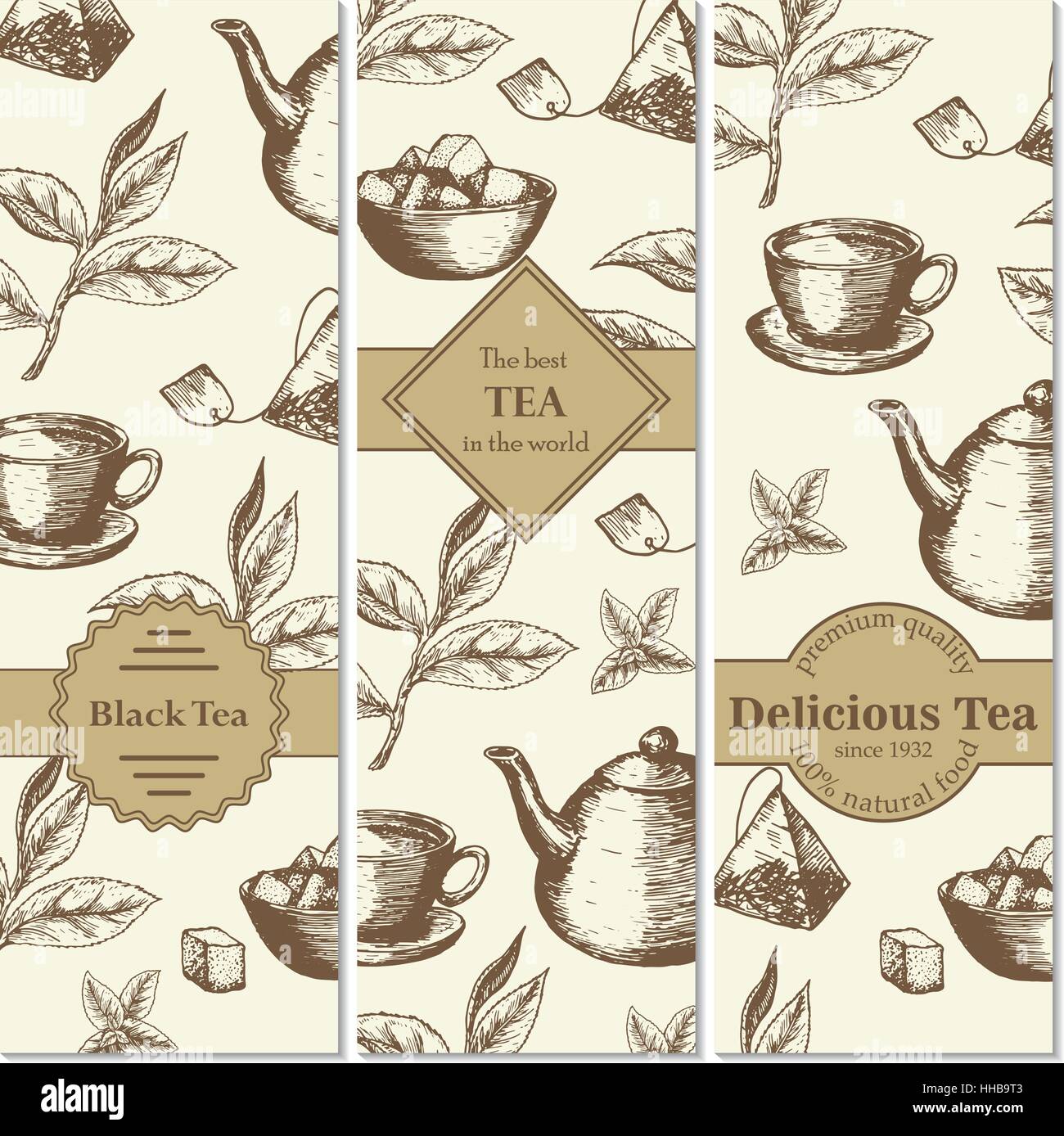 Banner set of vintage handdrawn tea backgrounds. Menu for restaurant ...