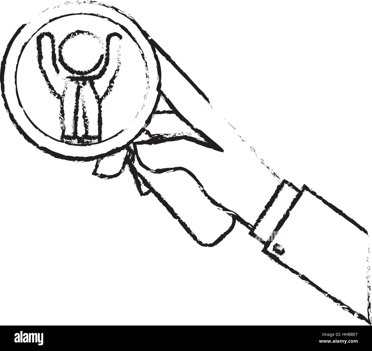 hand holding a magnifying glass and man icon over white background ...