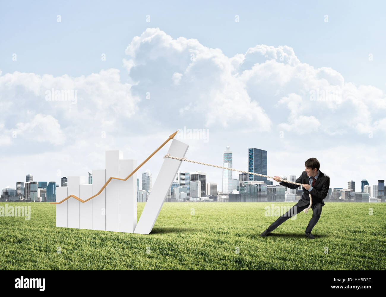 Businessman pulling graph with rope as concept of power and control ...