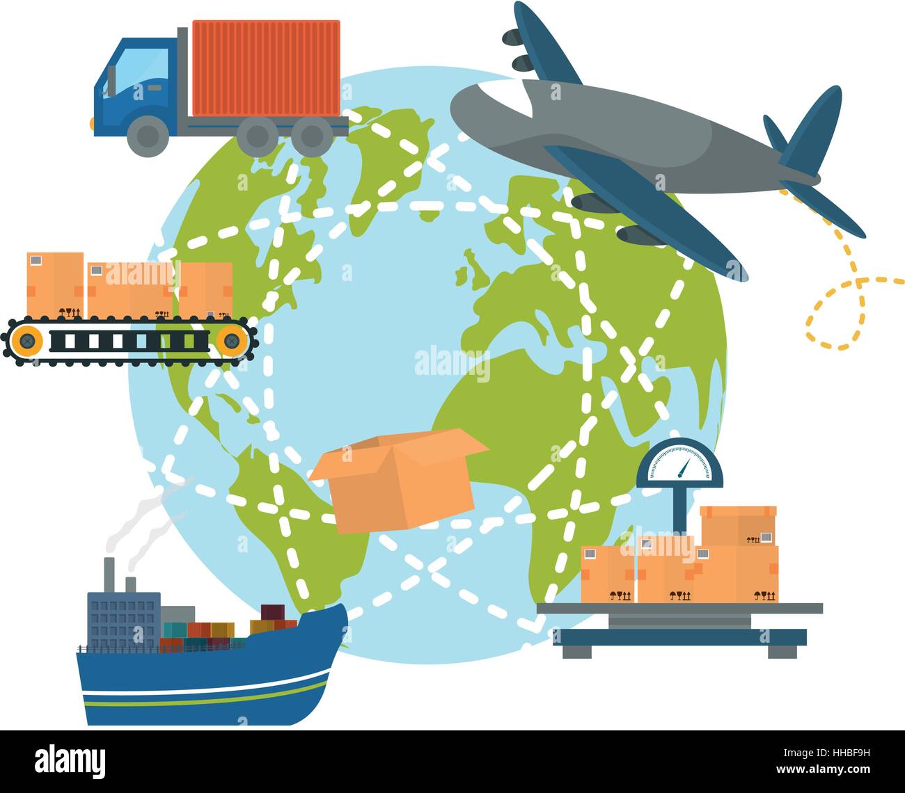 earth planet with cargo vehicles around over white background. colorful ...