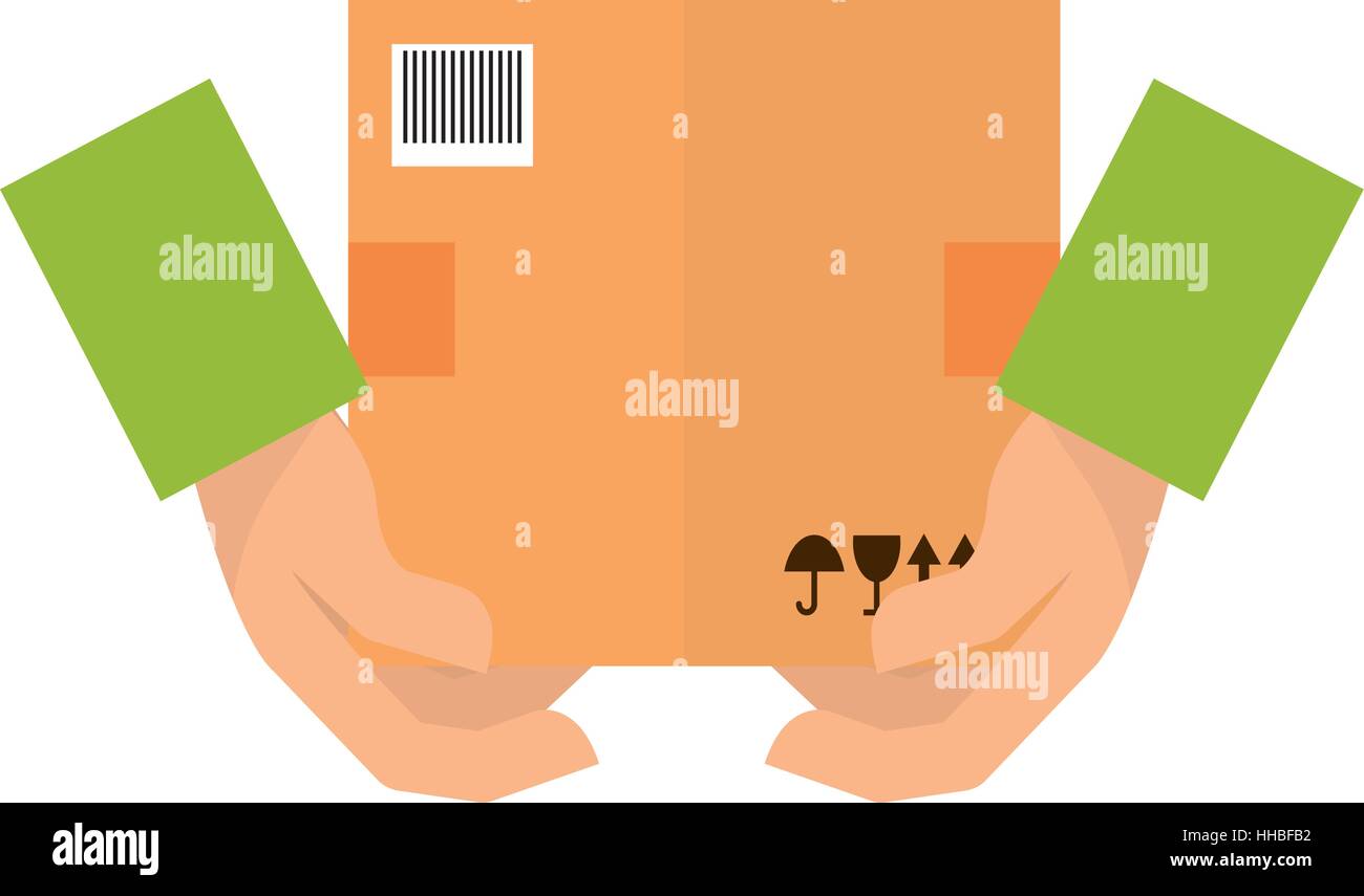 hands with carton box over white background. colorful design. vector ...