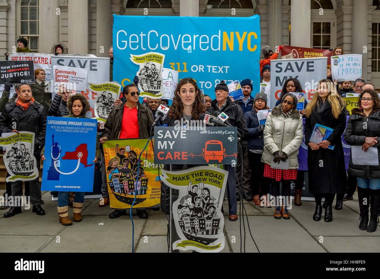 New York, USA. 18th Jan, 2017. The Save My Care Rally on the steps of ...