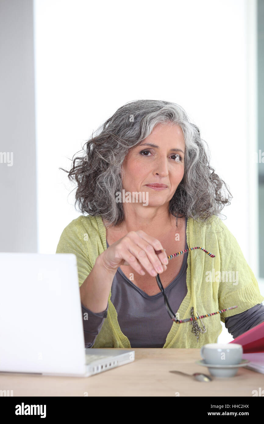 woman, cup, laptop, notebook, computers, computer, salt, pepper, desk ...