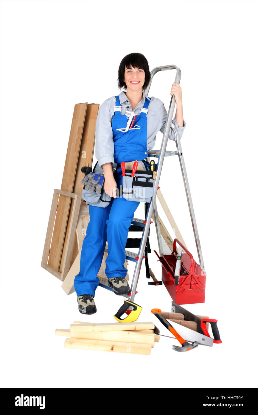 woman, blue, stairs, tool, tools, female, industry, wood, portrait ...