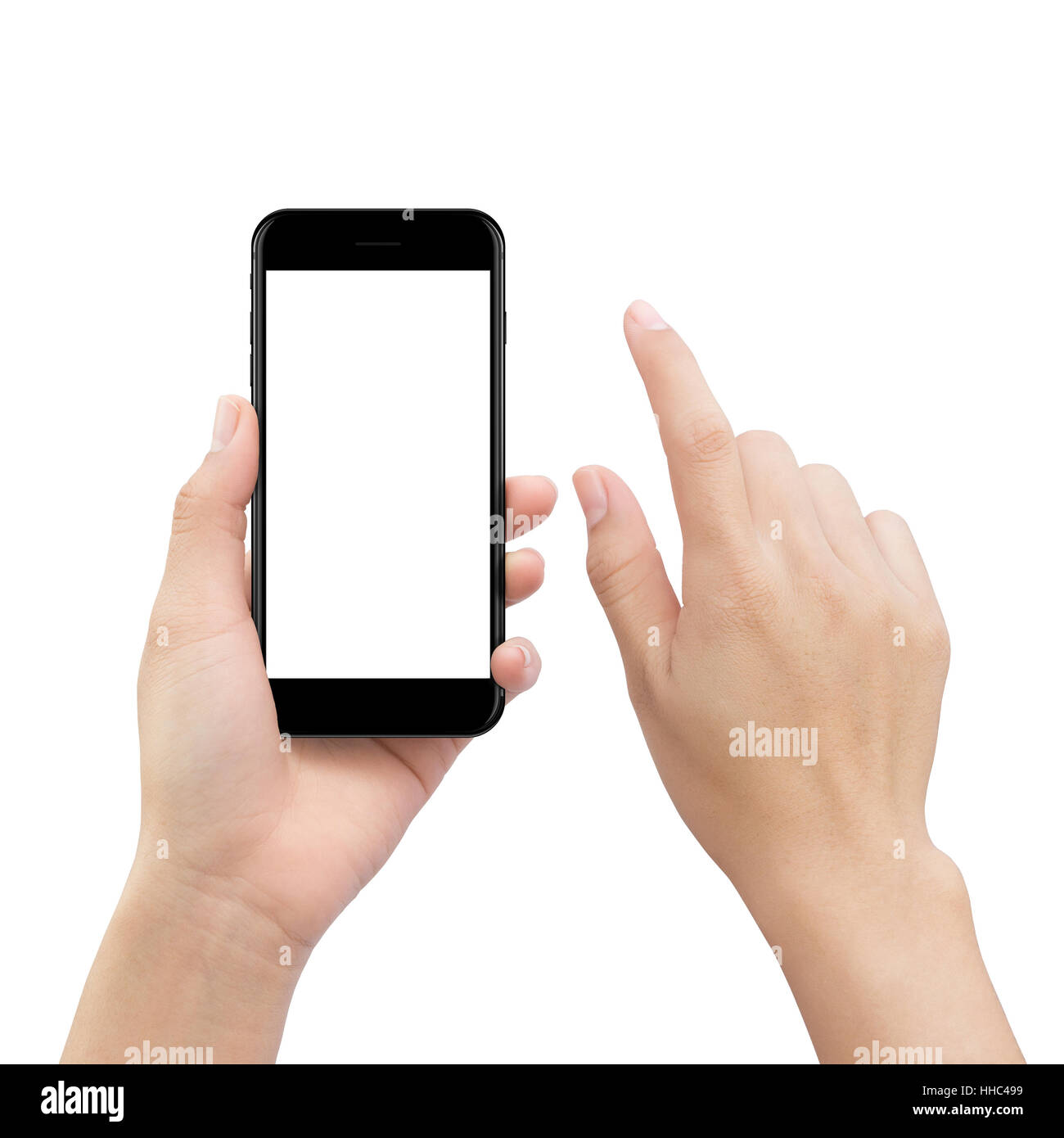 close-up hand touching smartphone screen isolated on white, mock up ...