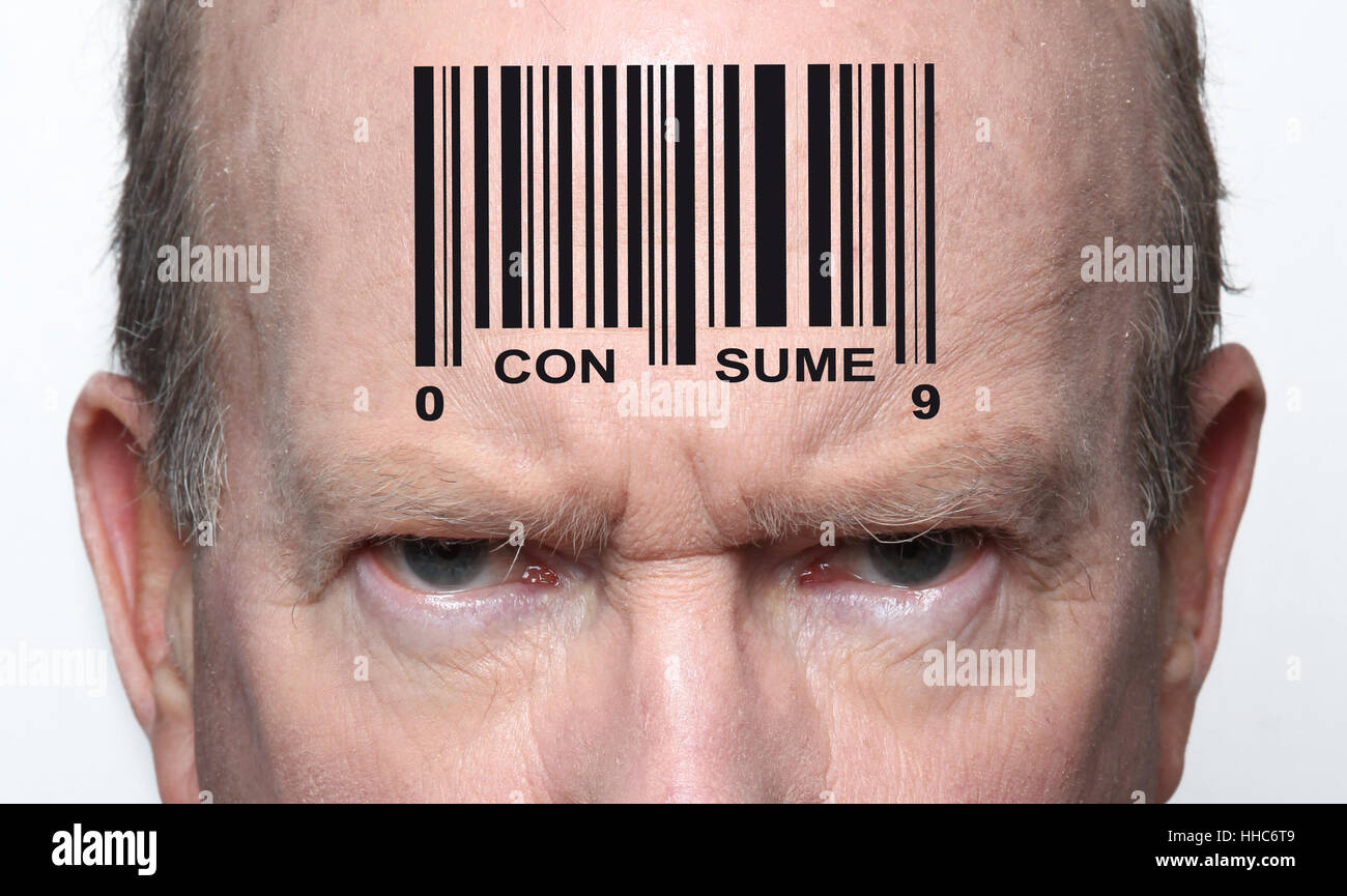 Angry consumer with a bar code on his forehead Stock Photo - Alamy