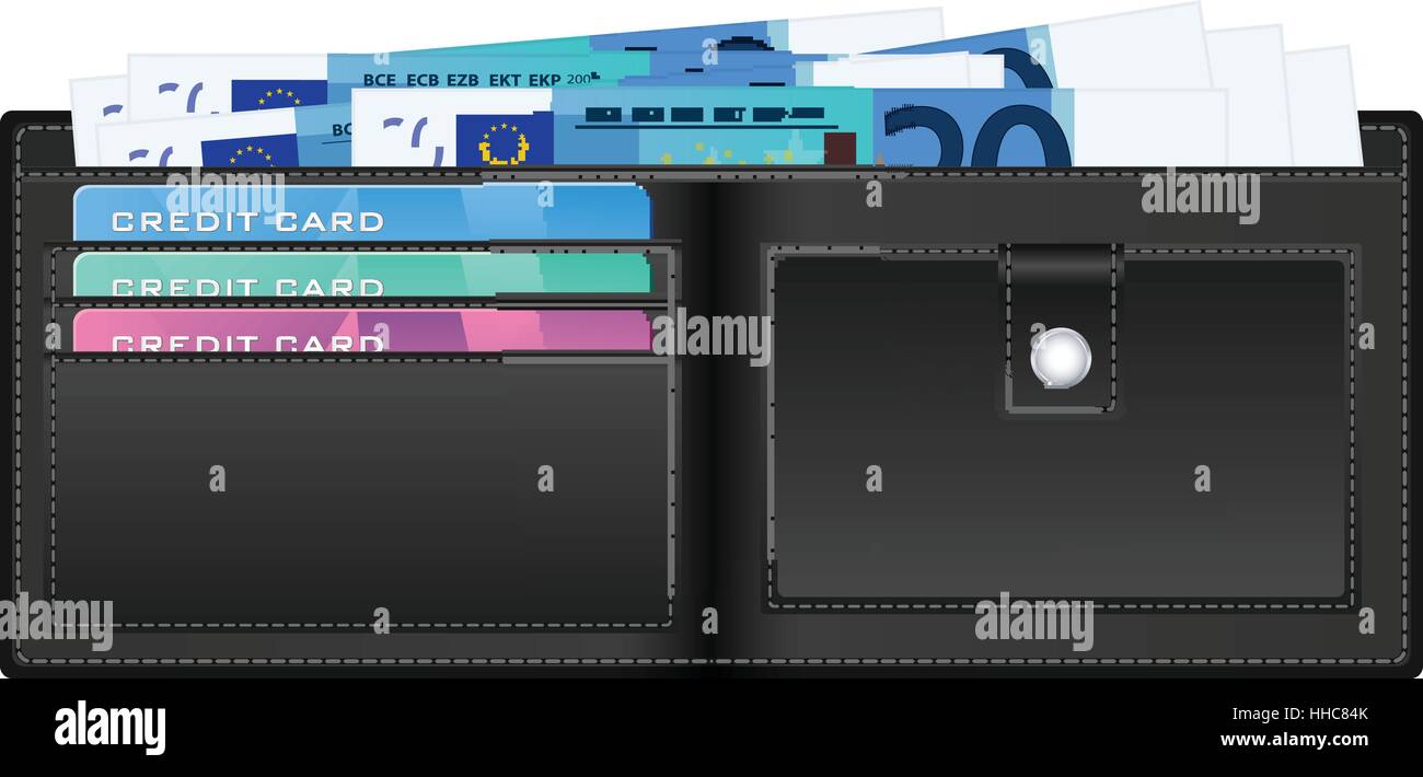 Open wallet with twenty euro banknotes and credit cards. Vector ...