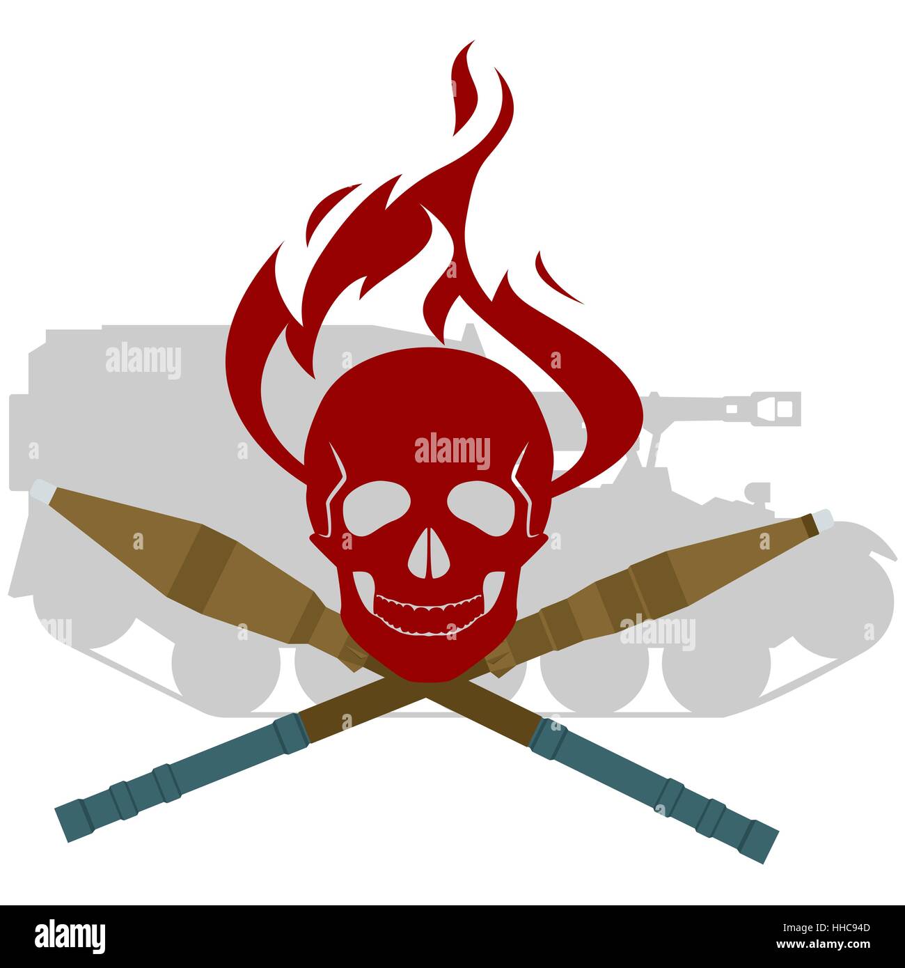 Human skull with fire and anti-tank grenades RPG on the background of ...