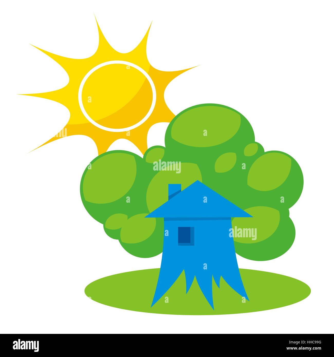 Greener home icon with tree like building and sun Stock Photo - Alamy
