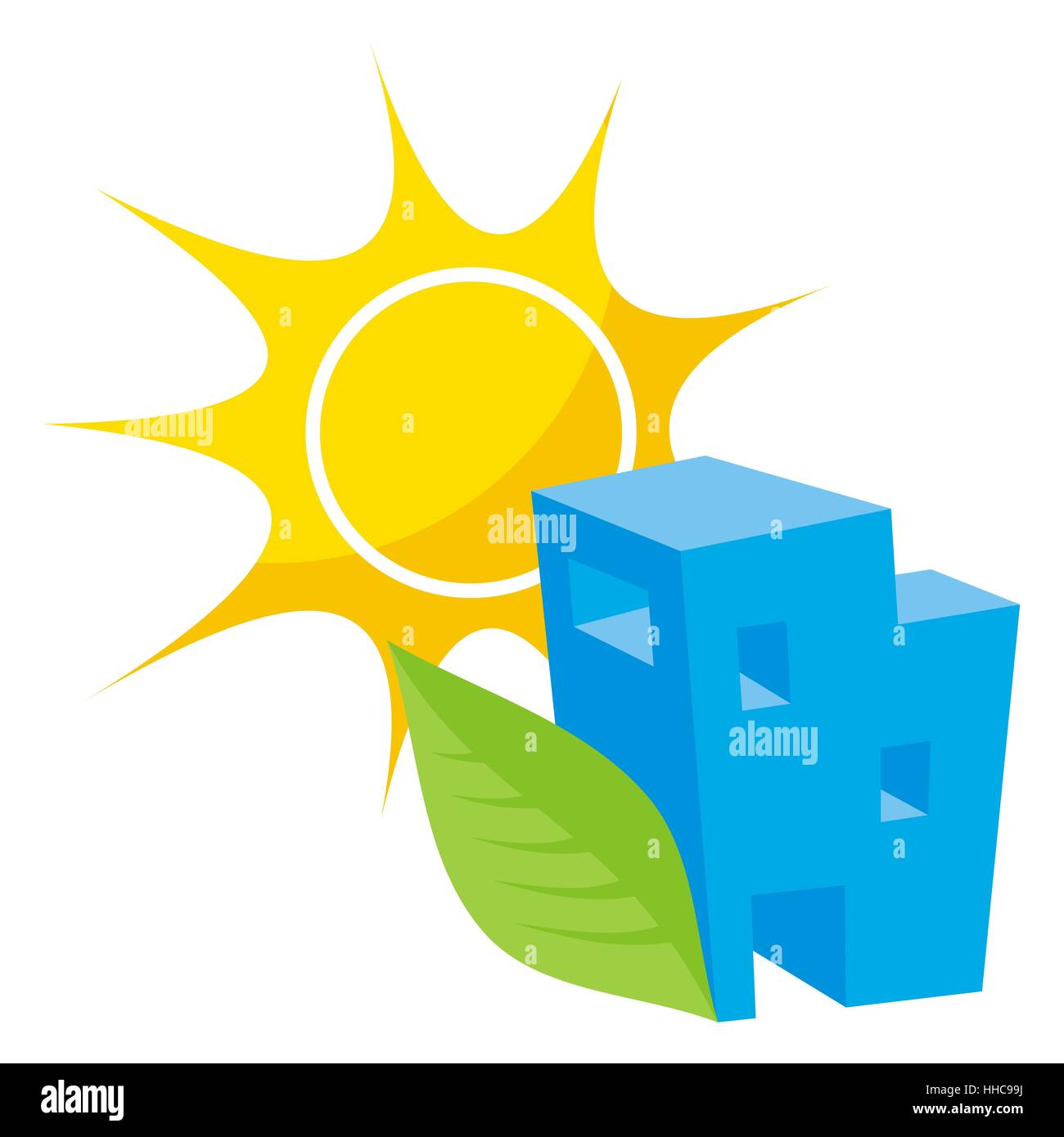 Greener home icon with blue building leaf and sun Stock Photo - Alamy
