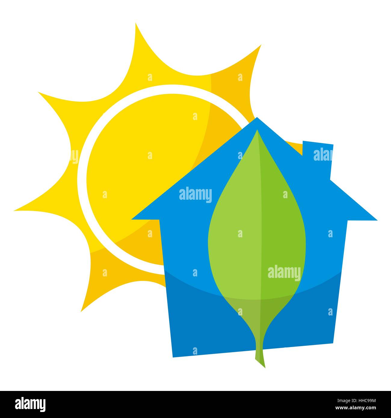 Greener home icon with blue building leaf and sun Stock Photo - Alamy