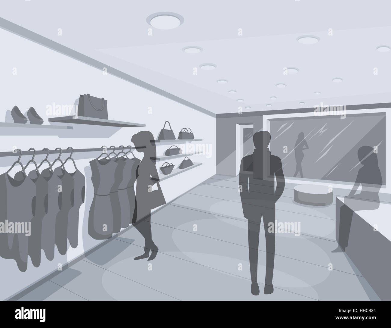 Abstract illustration of Clothes Shop Interior and People Shopping ...
