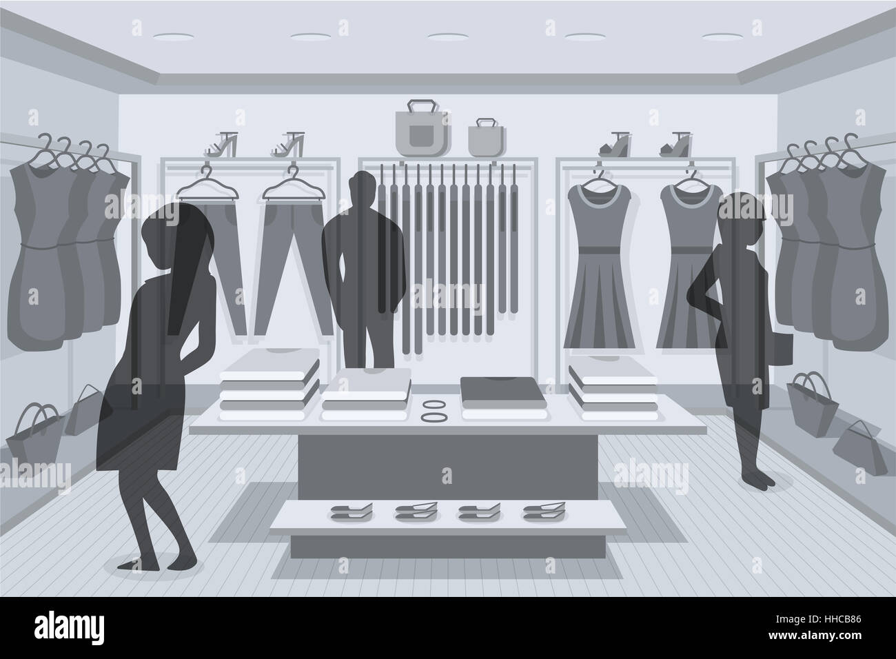 Abstract illustration of Clothes Shop Interior and People Shopping ...