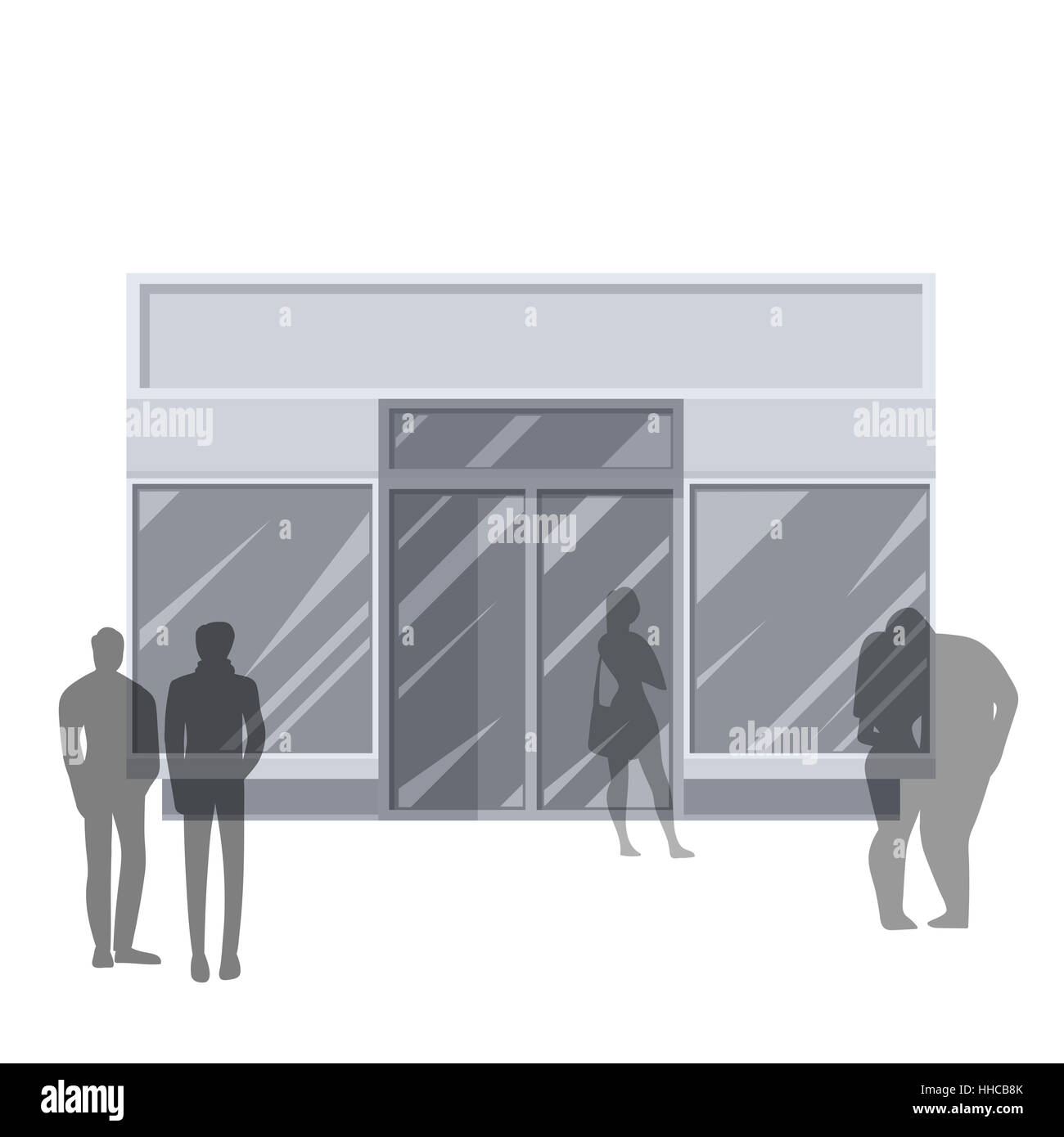 Abstract illustration of Urban Shop Facade and People Shopping. Front ...
