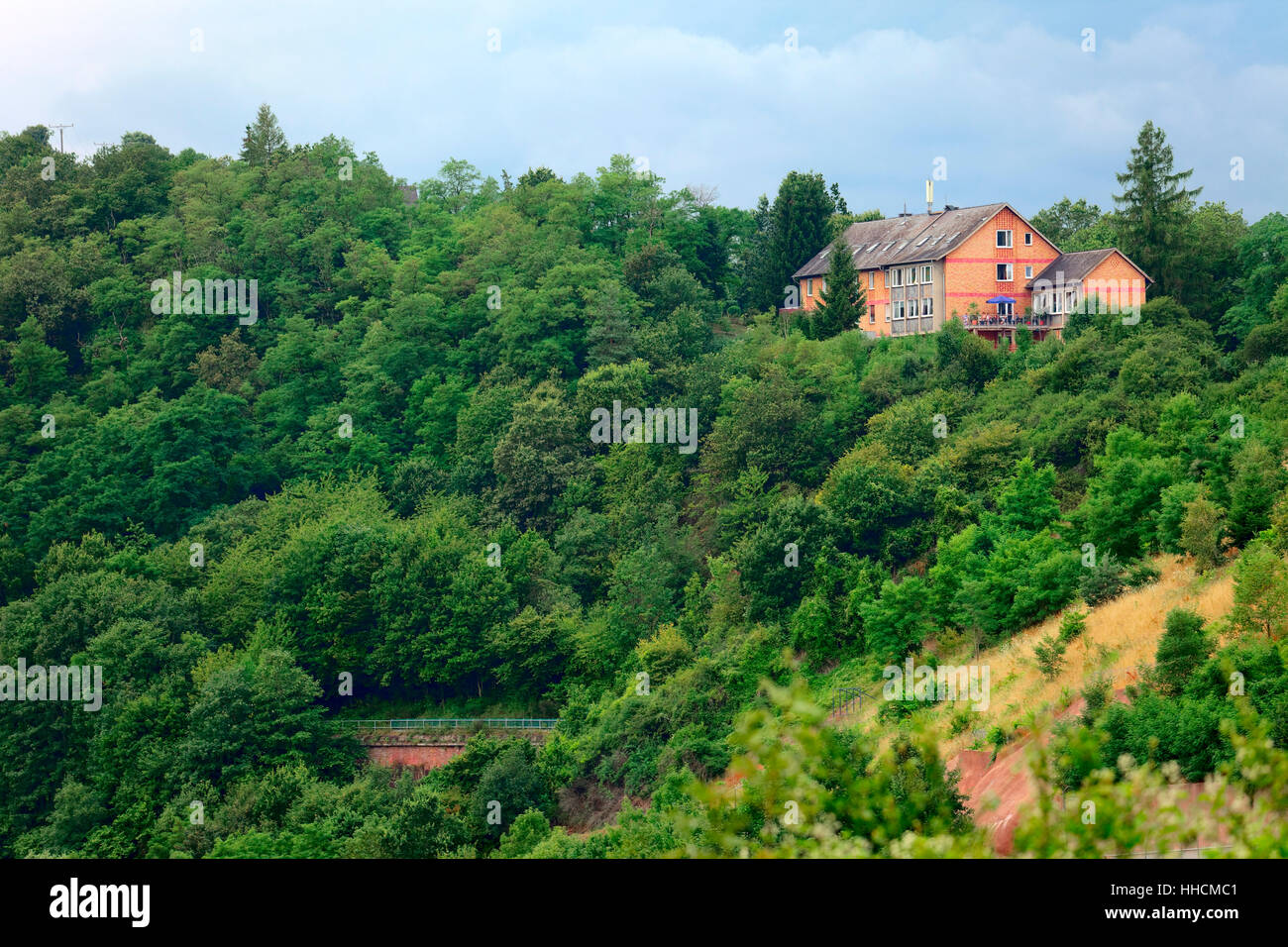 house, building, single, tree, hill, horizon, cloud, deciduous tree ...