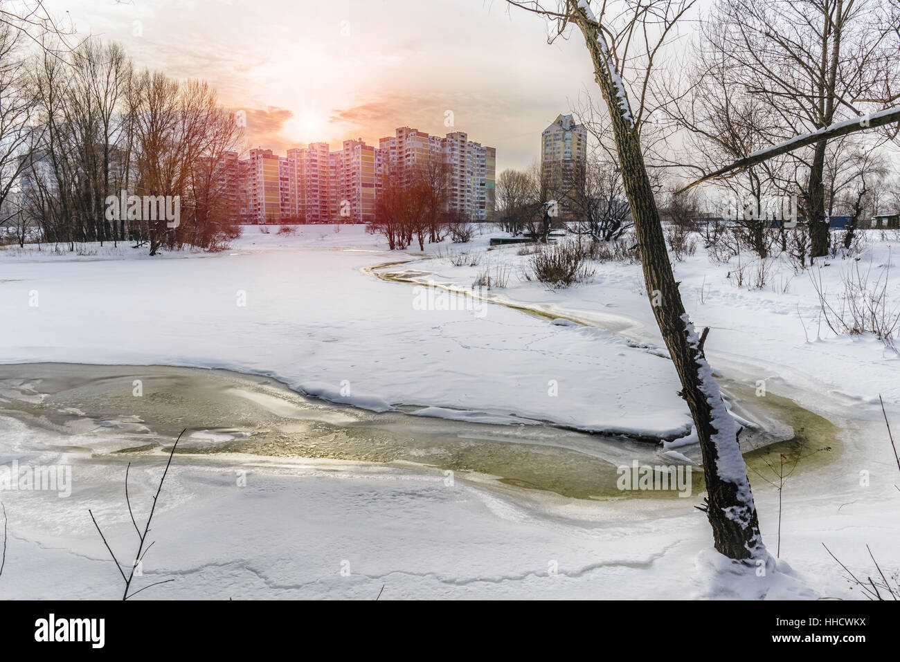 Landscape with frozen water, ice and snow on the Dnieper river in Kiev ...
