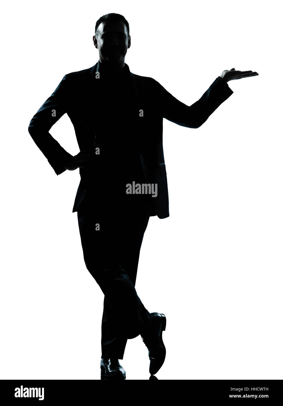 one caucasian business man silhouette standing hand open Full length in studio isolated on white ...