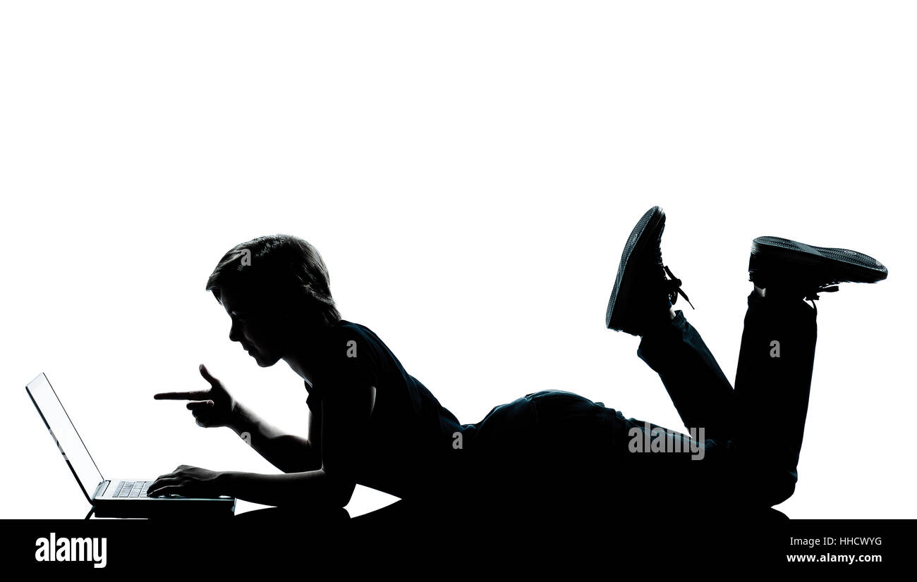 one caucasian young teenager silhouette boy girl computer computing ...