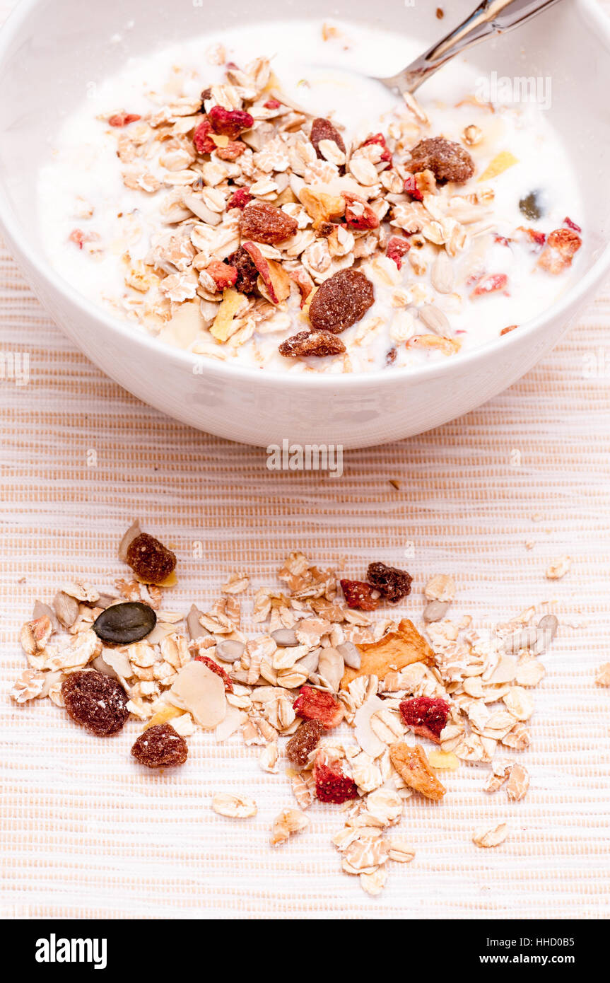 milk, centre punch, oatmeal, oat flakes, spoon, food, breakfeast ...