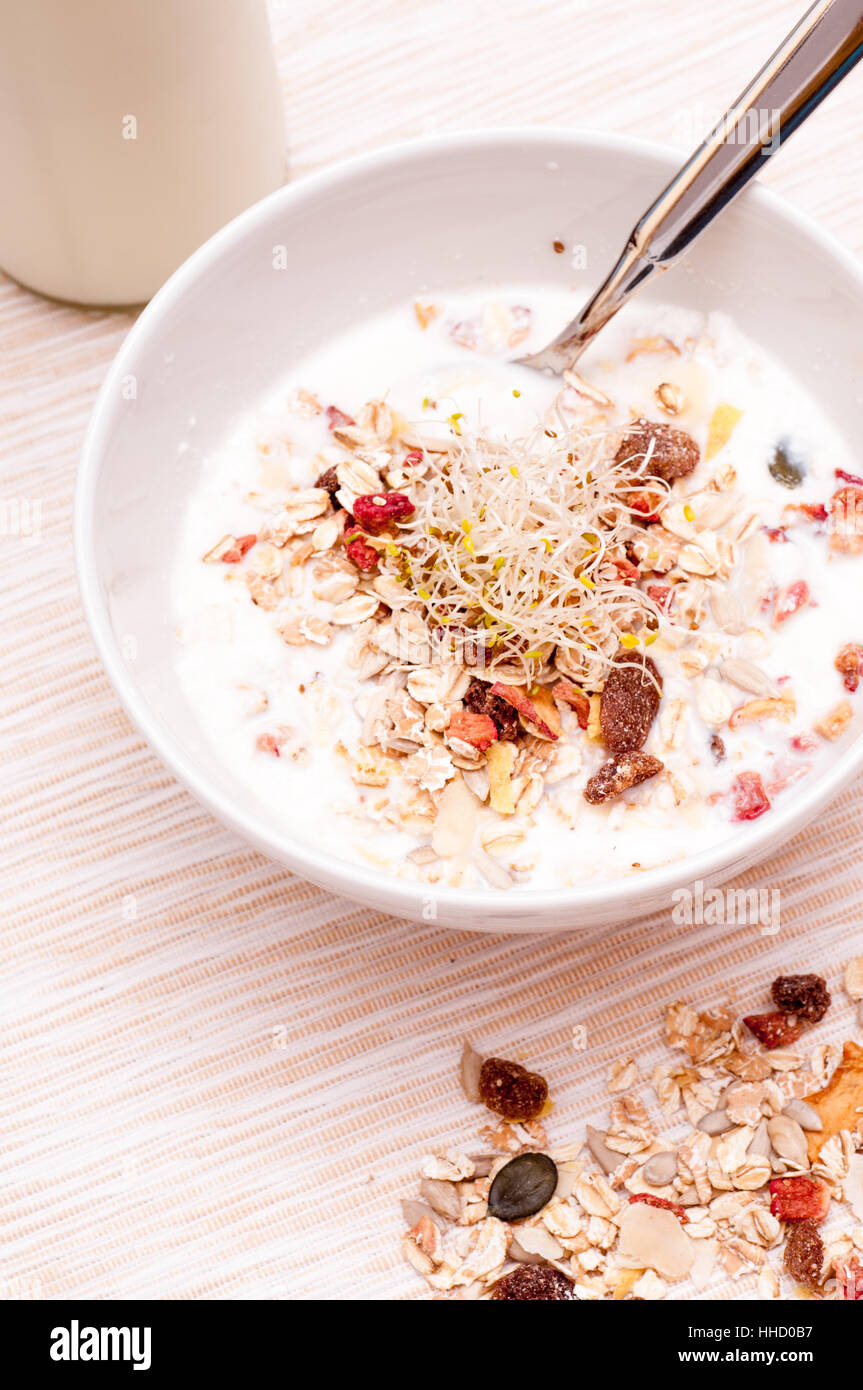 milk, centre punch, oatmeal, oat flakes, spoon, food, breakfeast ...