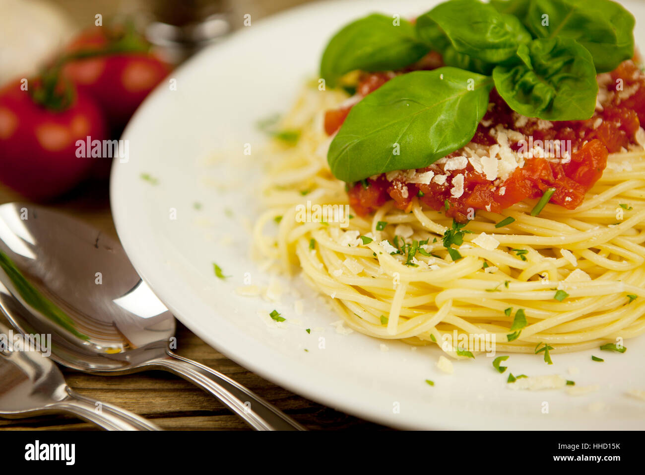 fresh tasty spaghetti with tomato sauce and parmesan on a Stock Photo ...