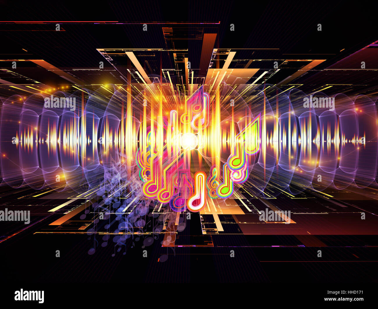 Composition of musical notes, perspective fractal grids, lights, wave ...