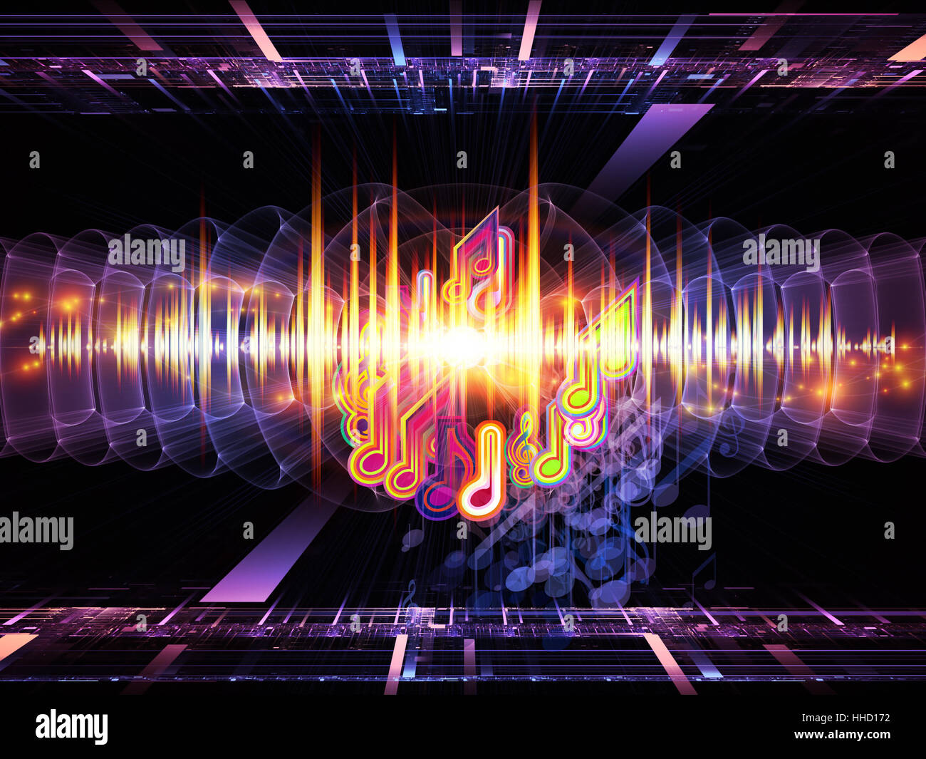 Composition of musical notes, perspective fractal grids, lights, wave ...