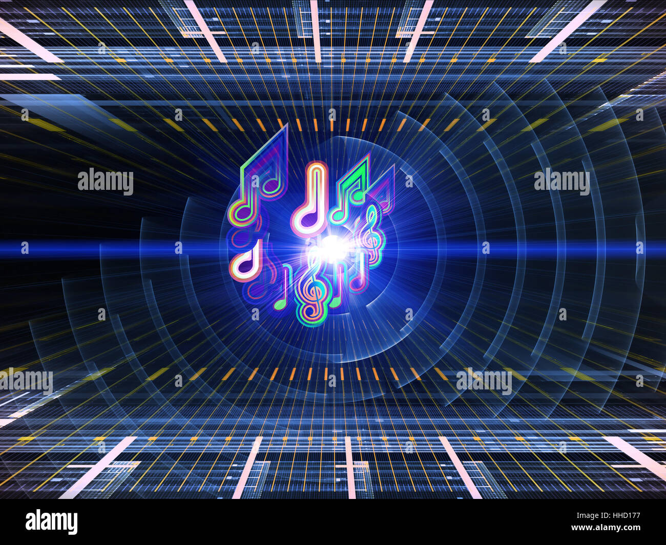 Composition of musical notes, perspective fractal grids, lights, wave ...