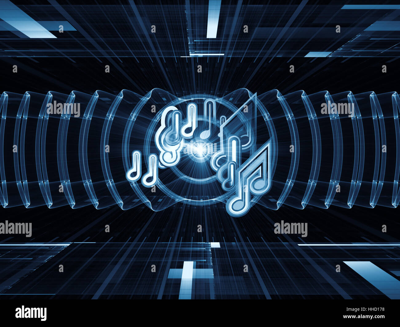 Composition of musical notes, perspective fractal grids, lights, wave ...