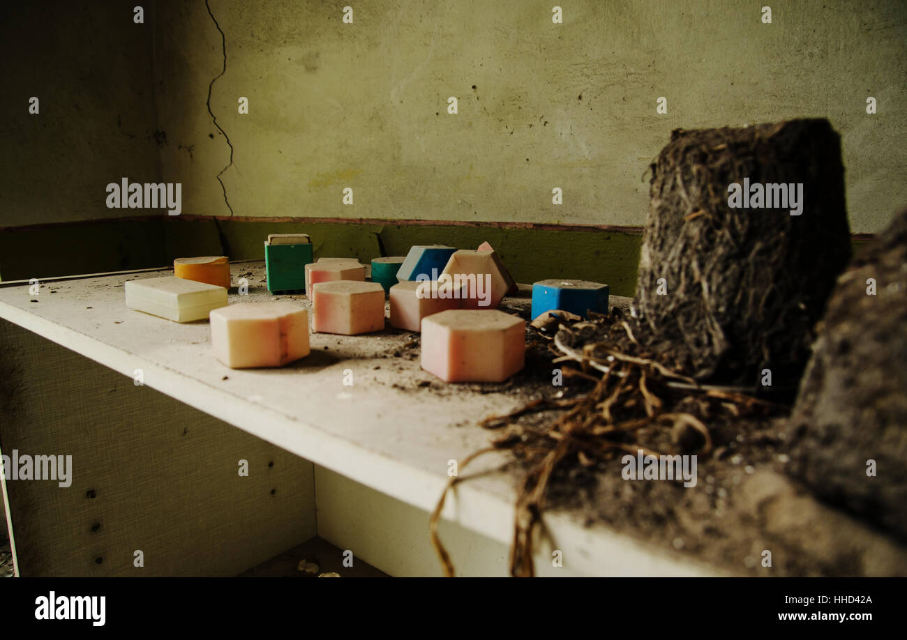 Soviet toys of dusty cubes in Chernobyl nuclear disaster area Stock ...