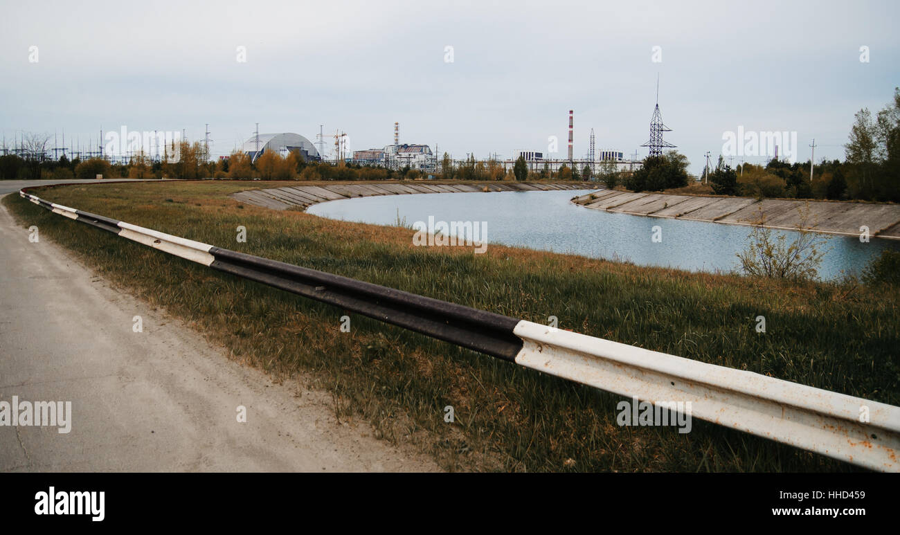 Chernobyl alienation zone. View of Chernobyl atomic plant background ...