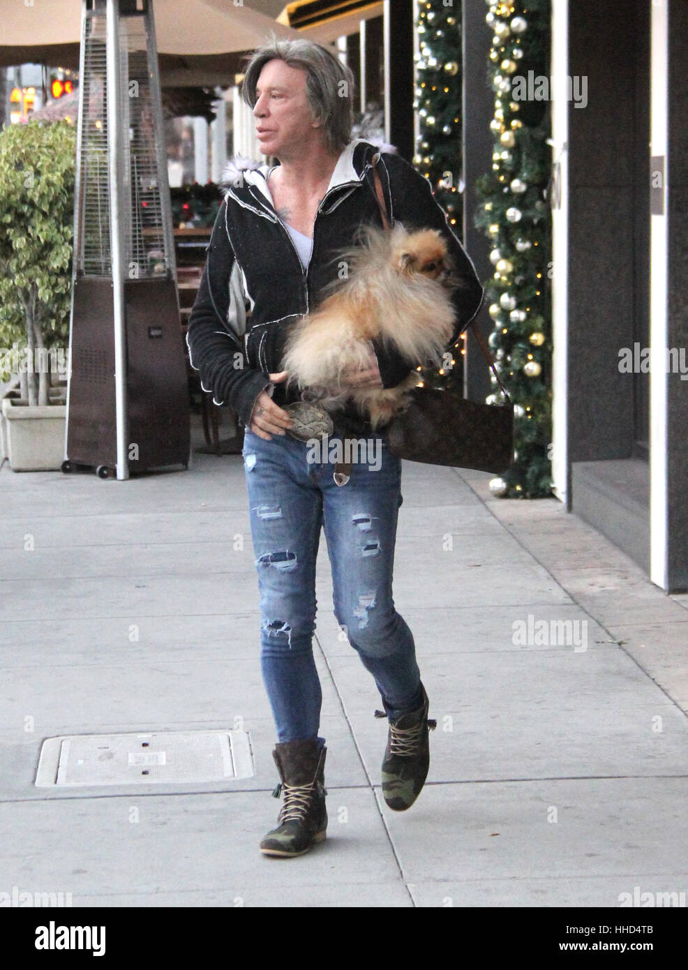 Mickey Rourke leaves Caffe Roma carrying his pet dog Featuring: Mickey ...