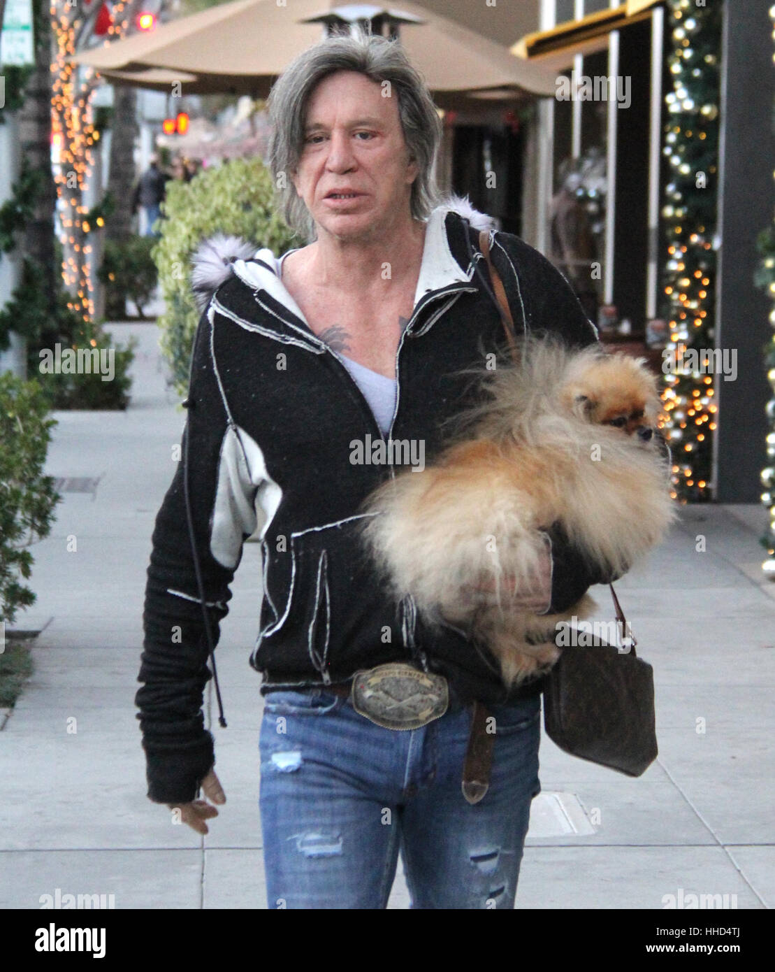 Mickey Rourke leaves Caffe Roma carrying his pet dog Featuring: Mickey ...