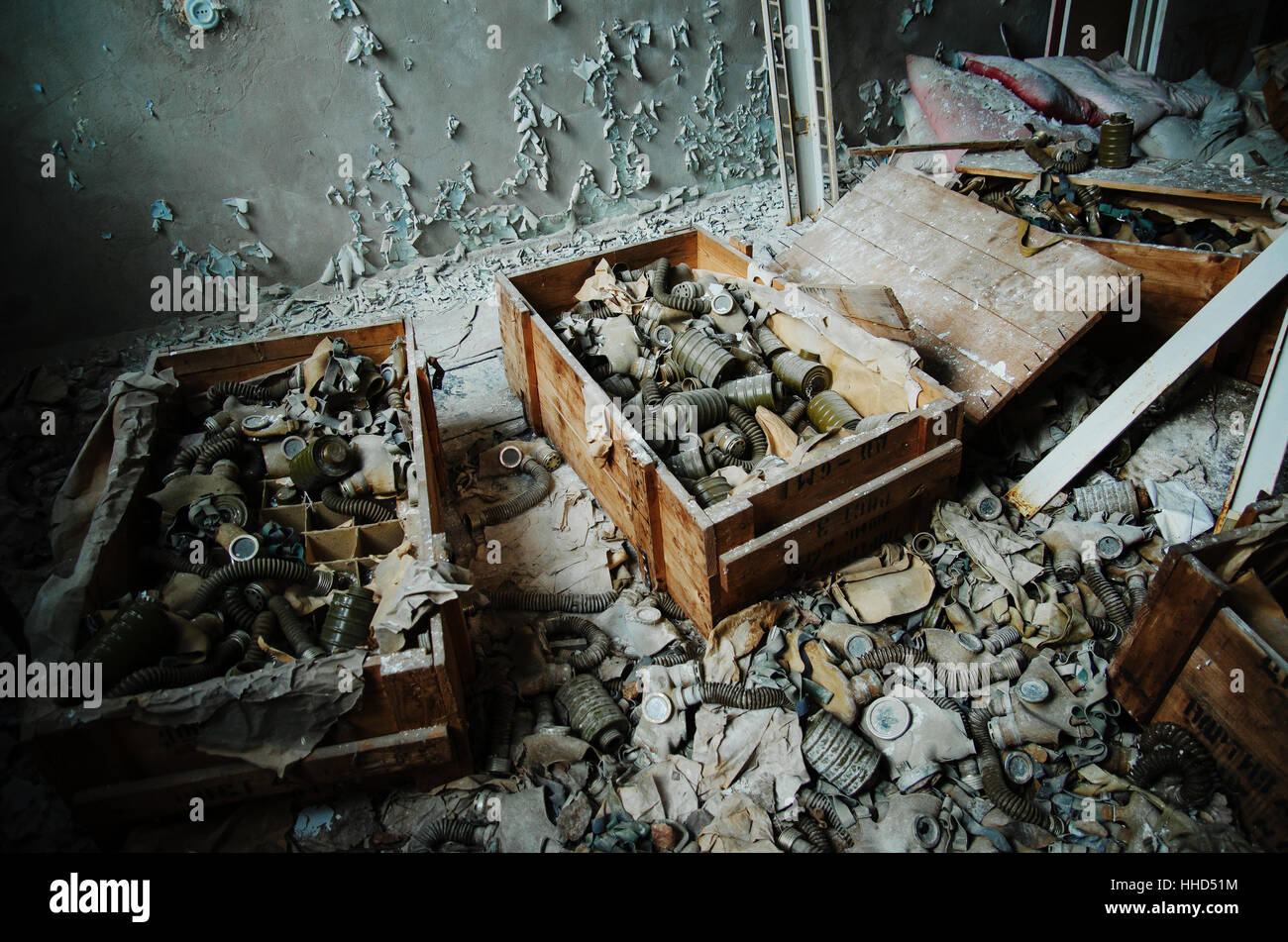 Infected radiation gas masks on the floor at boxes at Chernobyl nuclear ...