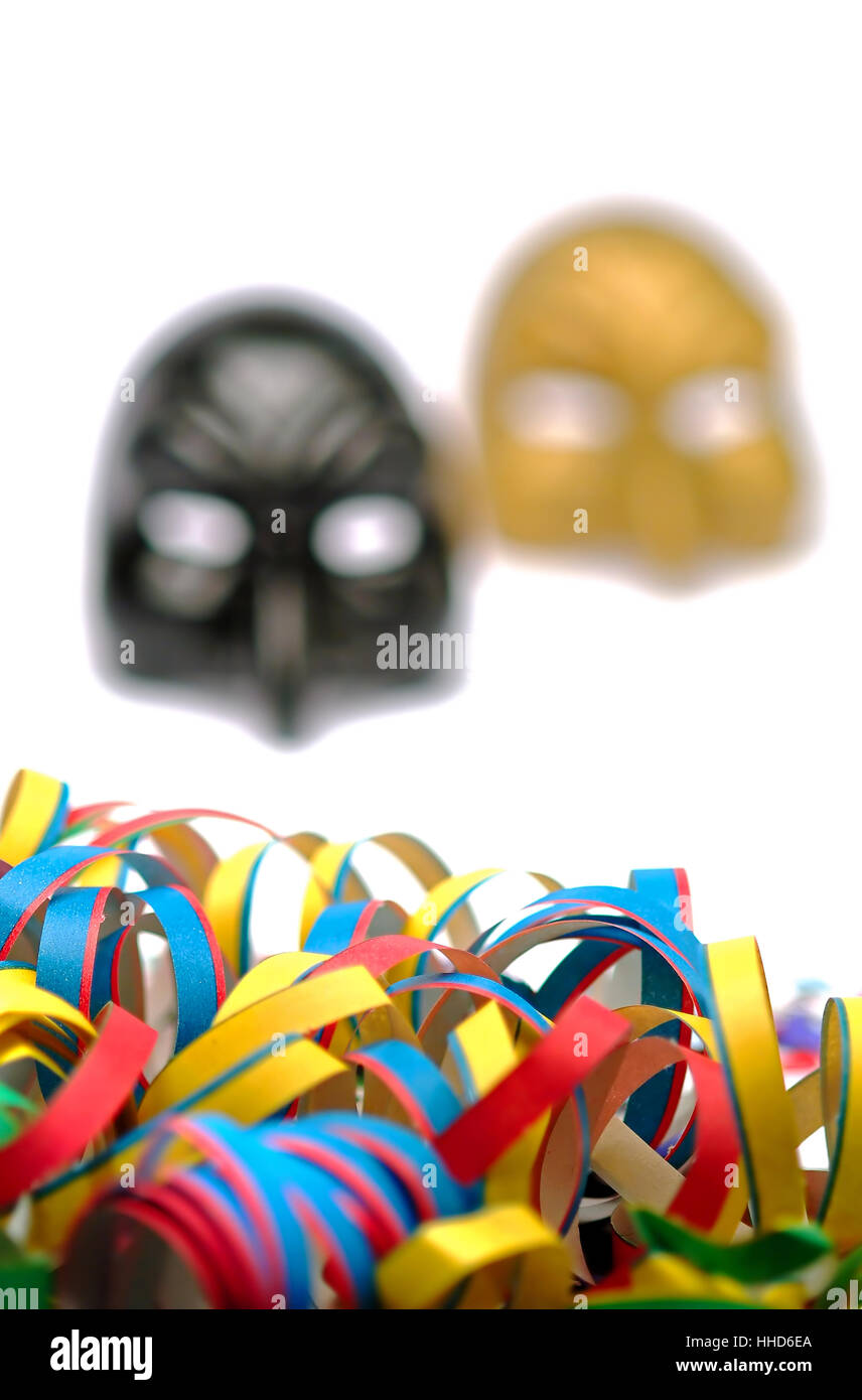 Carnival masks and colorful streamers on white background Stock Photo ...