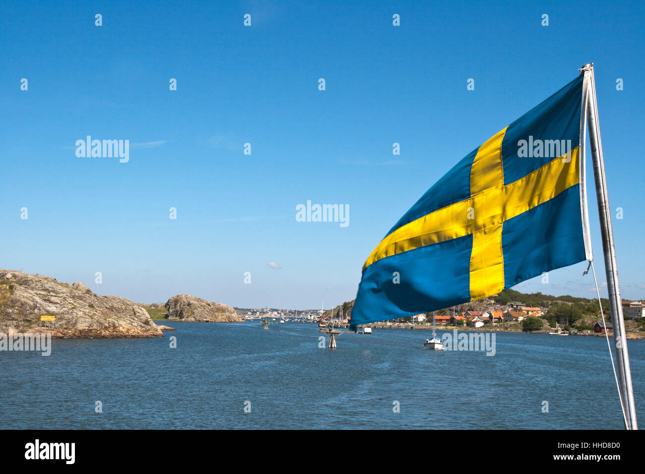 sweden, flag, archipelago, back, rear, water, rowing boat, sailing boat ...