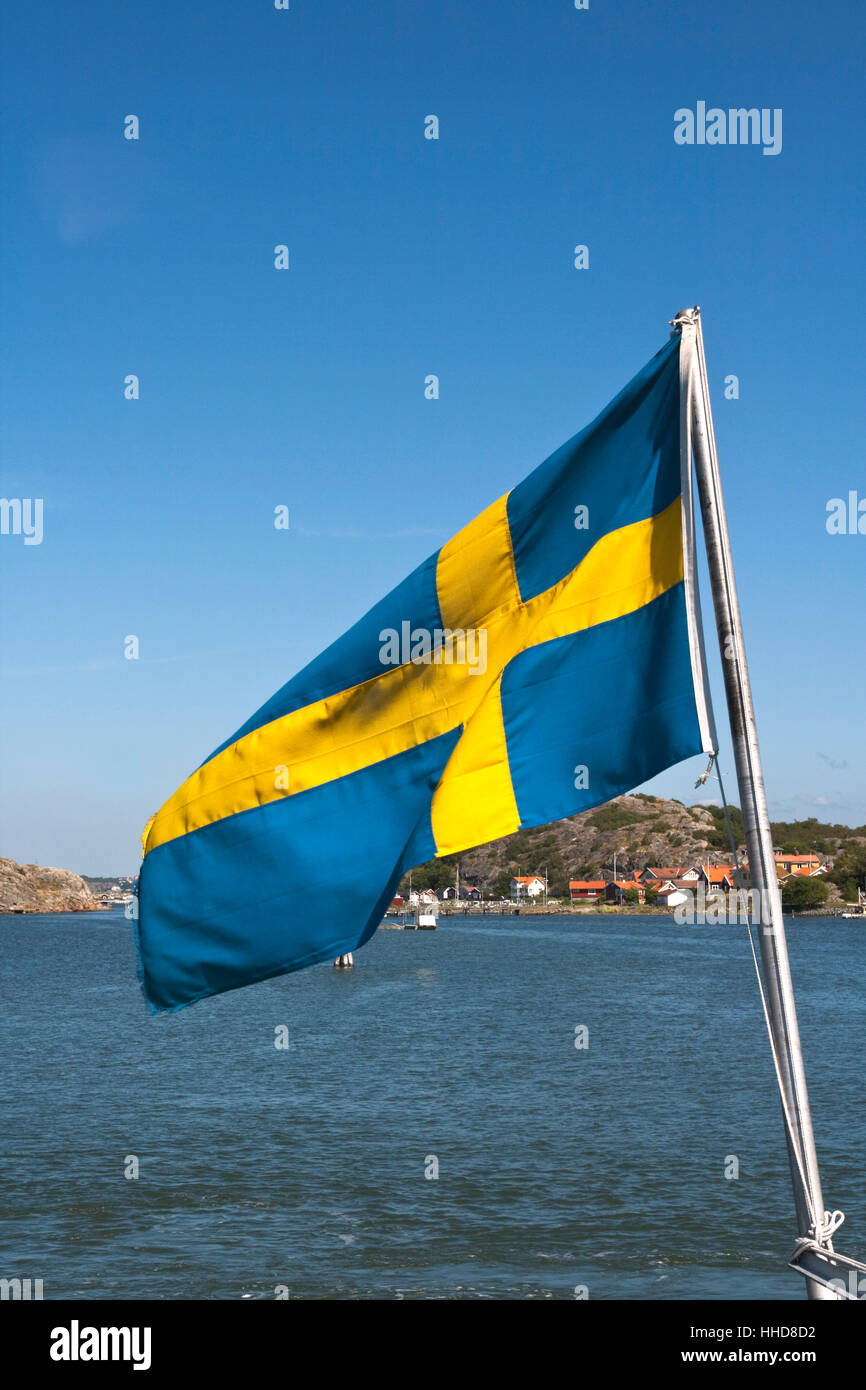 sweden, flag, archipelago, back, rear, water, rowing boat, sailing boat ...